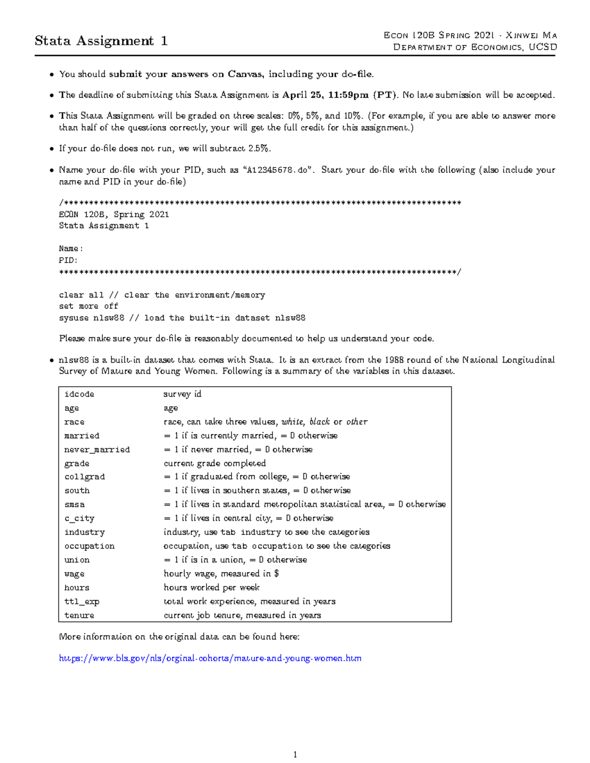 Stata Assignment 1 The Deadline Of Submitting This Stata Assignment