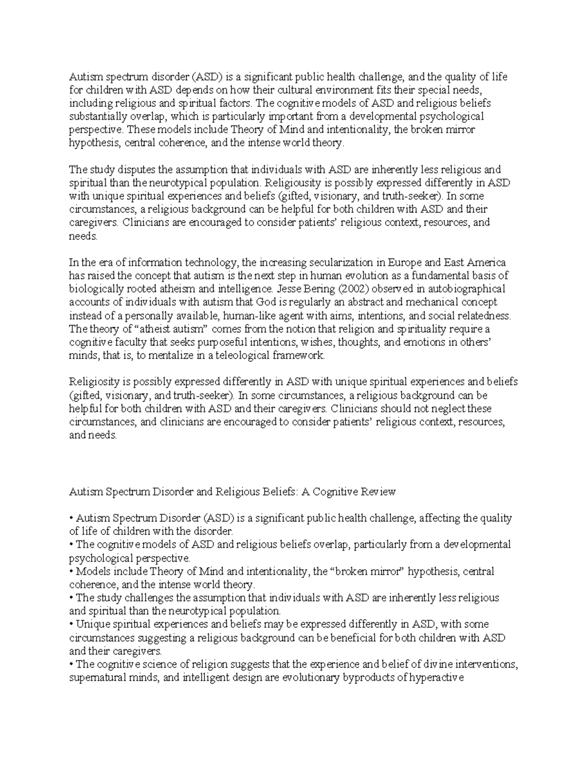 Autism and religiion - essay - Autism spectrum disorder (ASD) is a ...