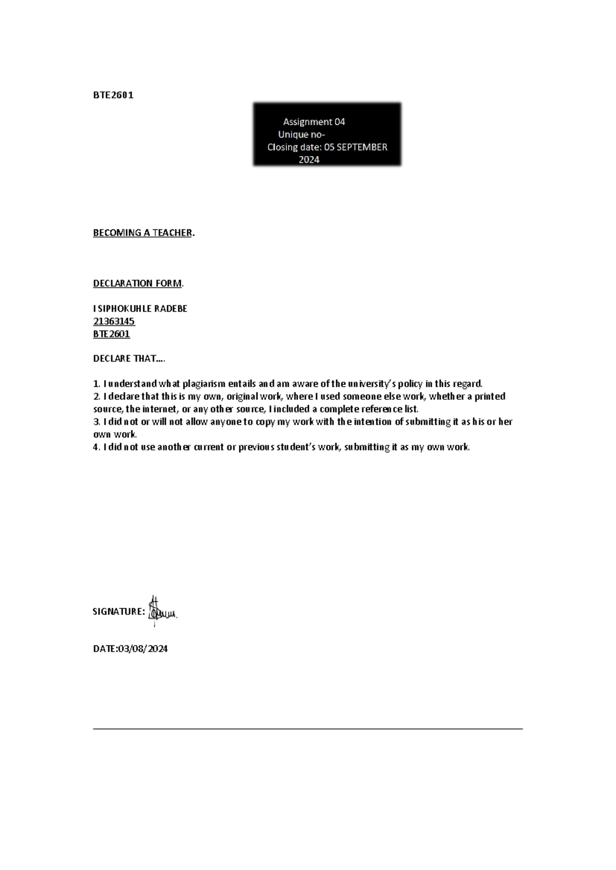 Siphokuhle Radebe 18645564 0 - BTE BECOMING A TEACHER. DECLARATION FORM ...