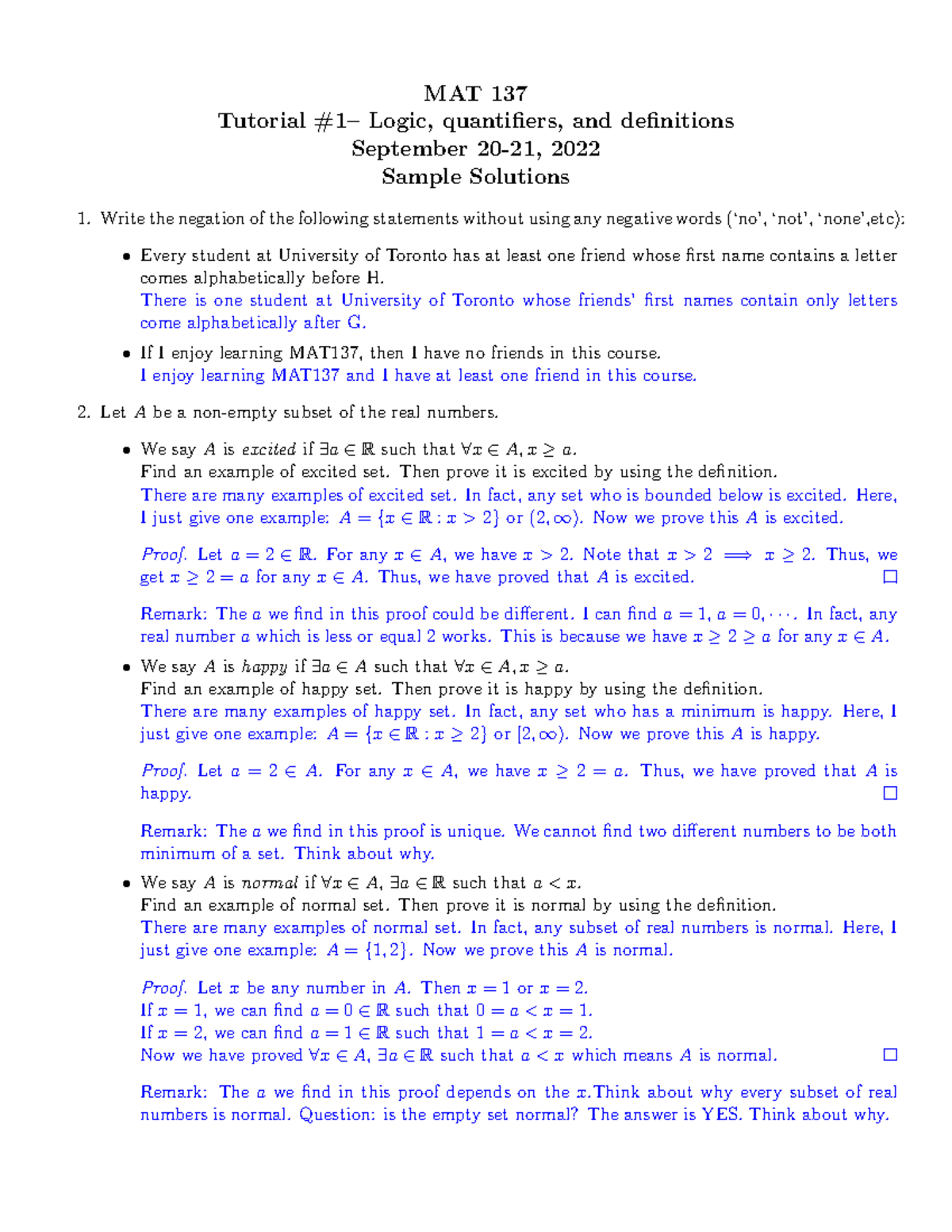 137 2223 T1 sol - Tutorial 1 solutions - MAT 137 Tutorial #1– Logic ...