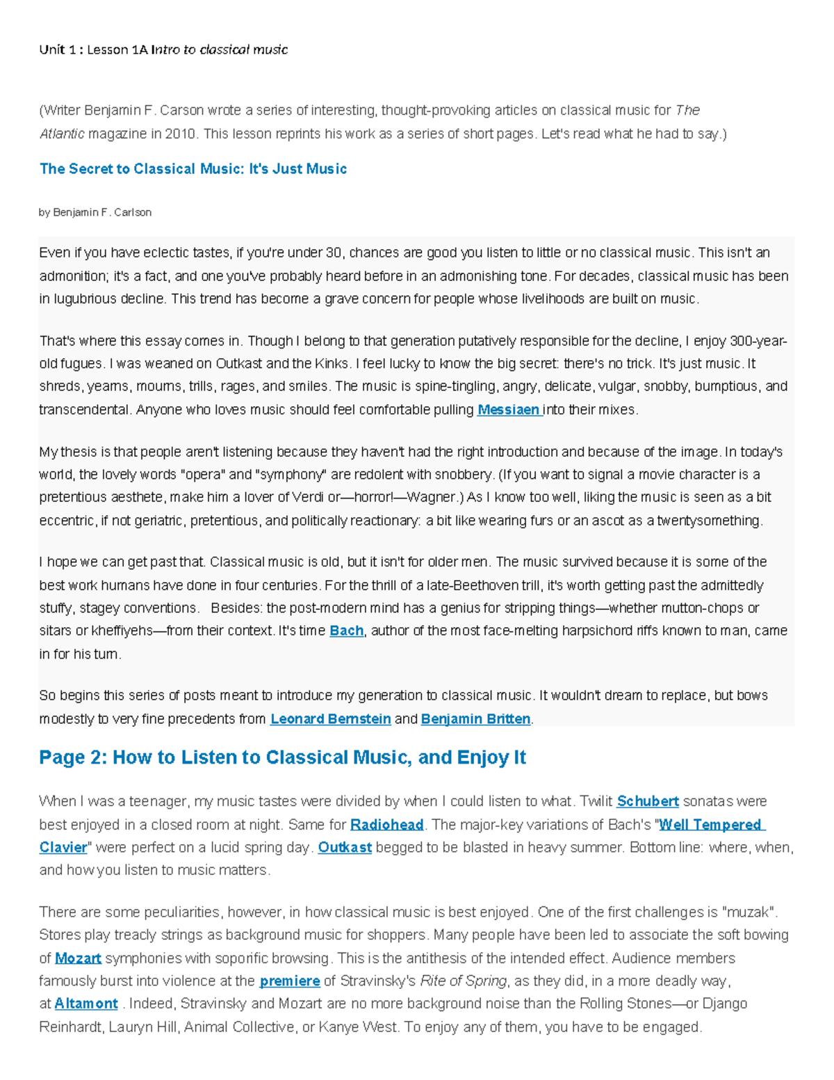 Unit 1- Module 1 Notes - Unit 1 : Lesson 1A Intro to classical music ...