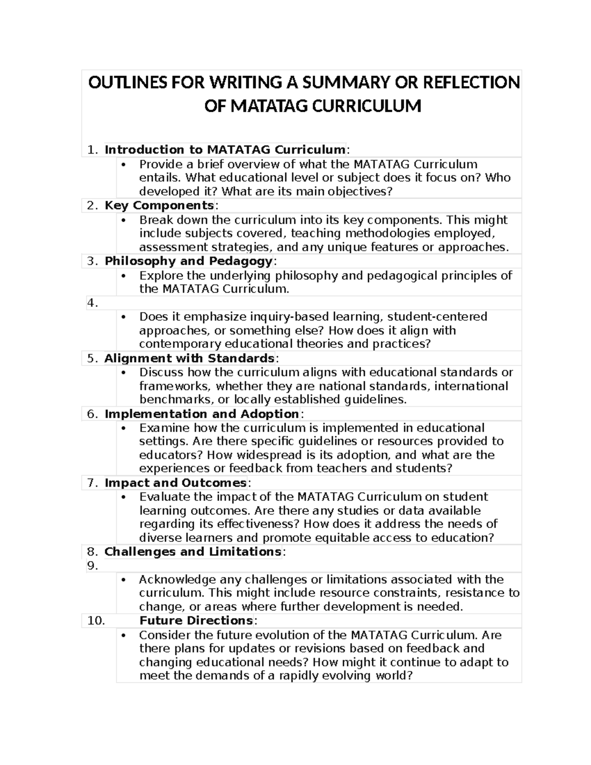 Outlines FOR Writing A Summary OR Reflection OF Matatag Curriculum - OUTLINES FOR WRITING A ...