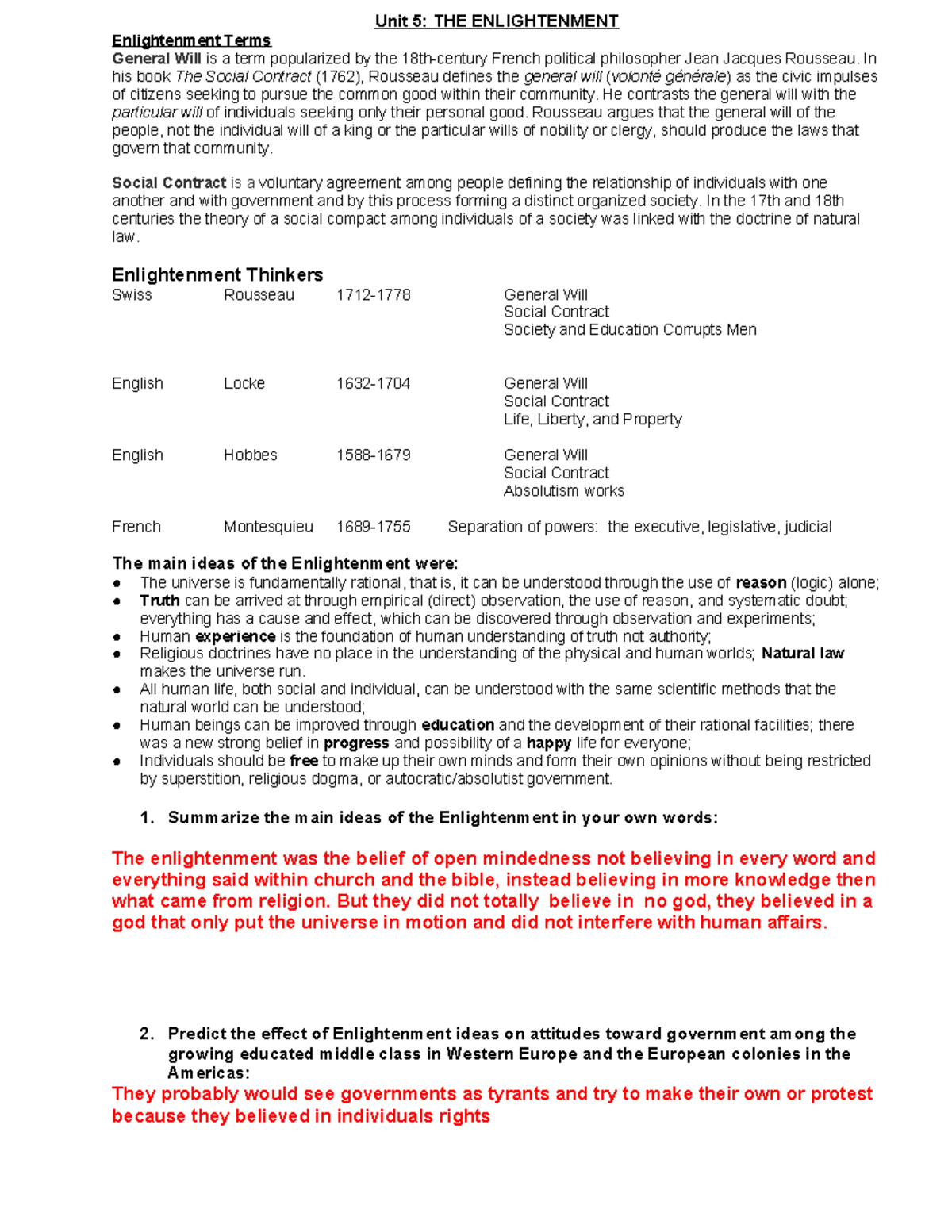 Copy of Copy of Enlightenment Handout - Unit 5: THE ENLIGHTENMENT ...