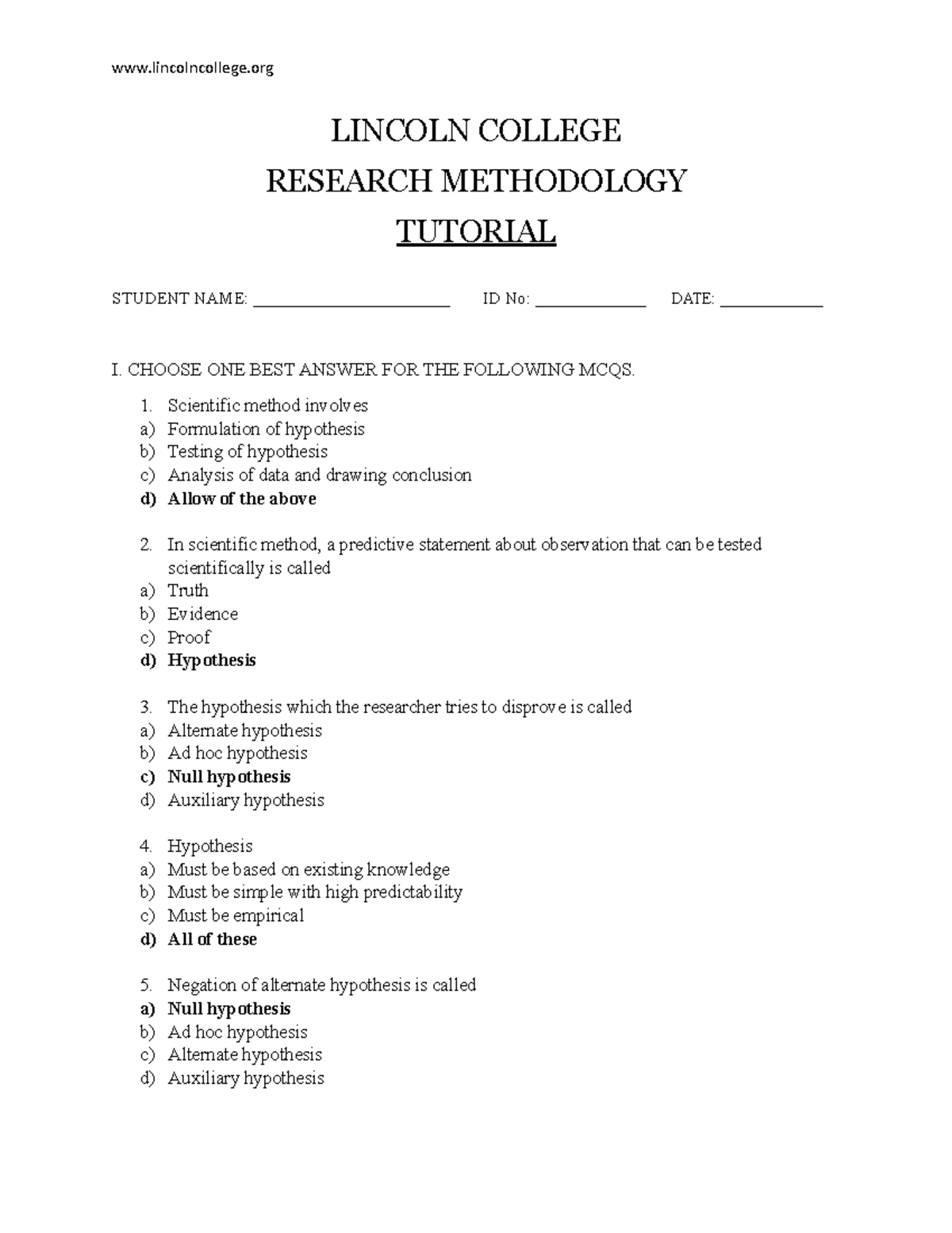 Research Method- Answer Worksheet - LINCOLN COLLEGE RESEARCH ...
