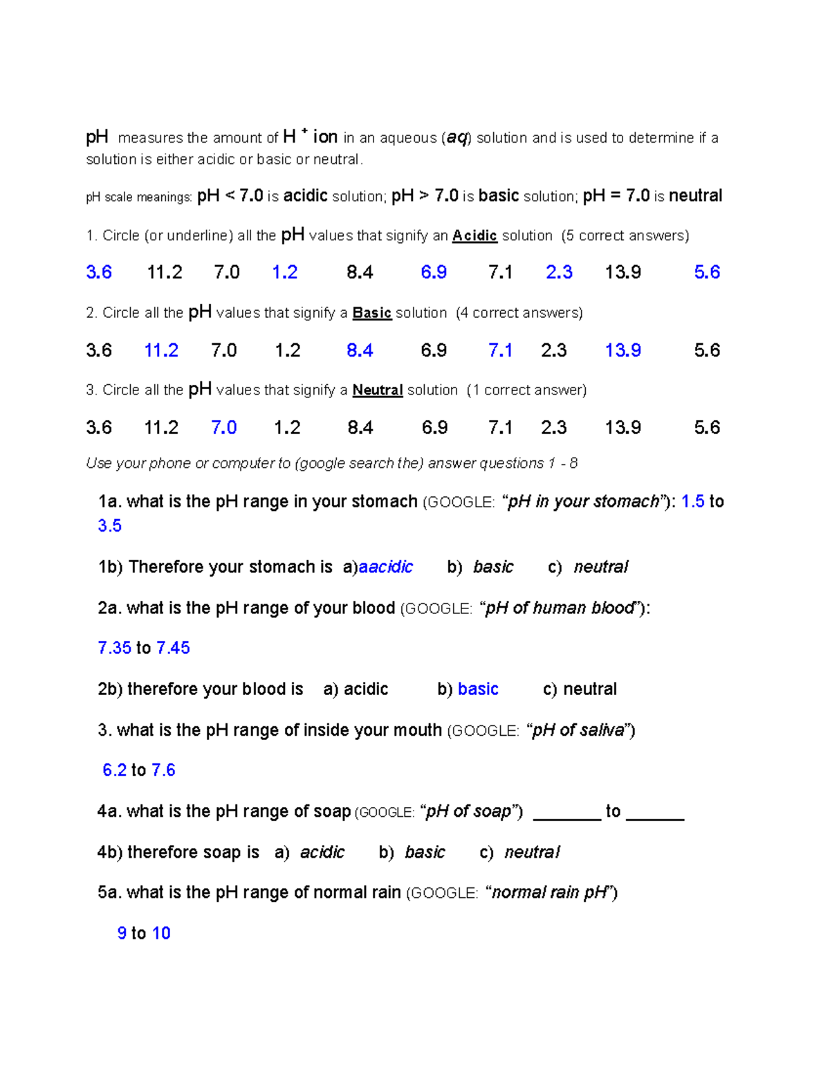 PH scale practice - pH measures the amount of H + ion in an aqueous (aq ...