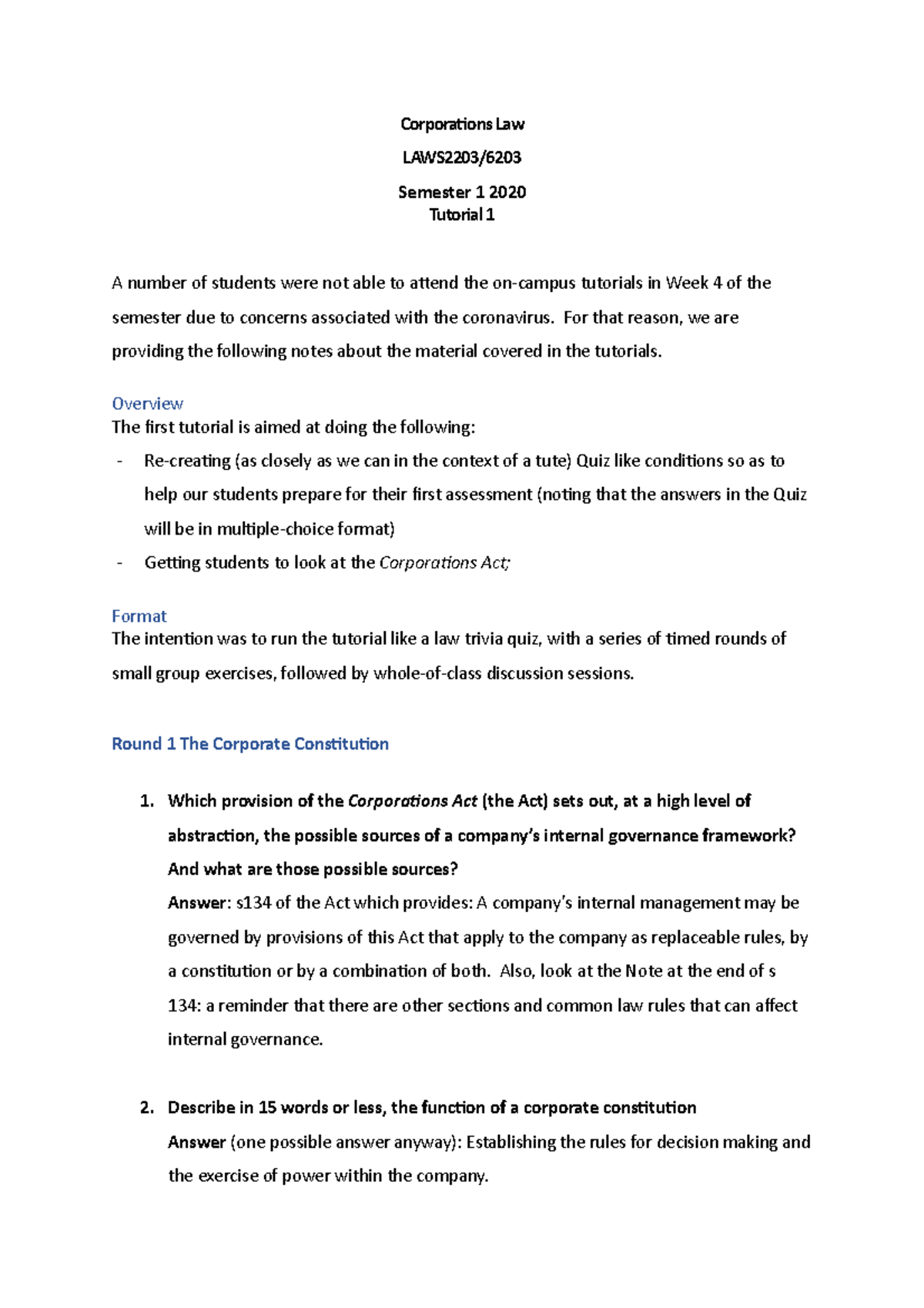 Tutorial 1 notes - Corporations Law LAWS2203/ Semester 1 2020 Tutorial ...