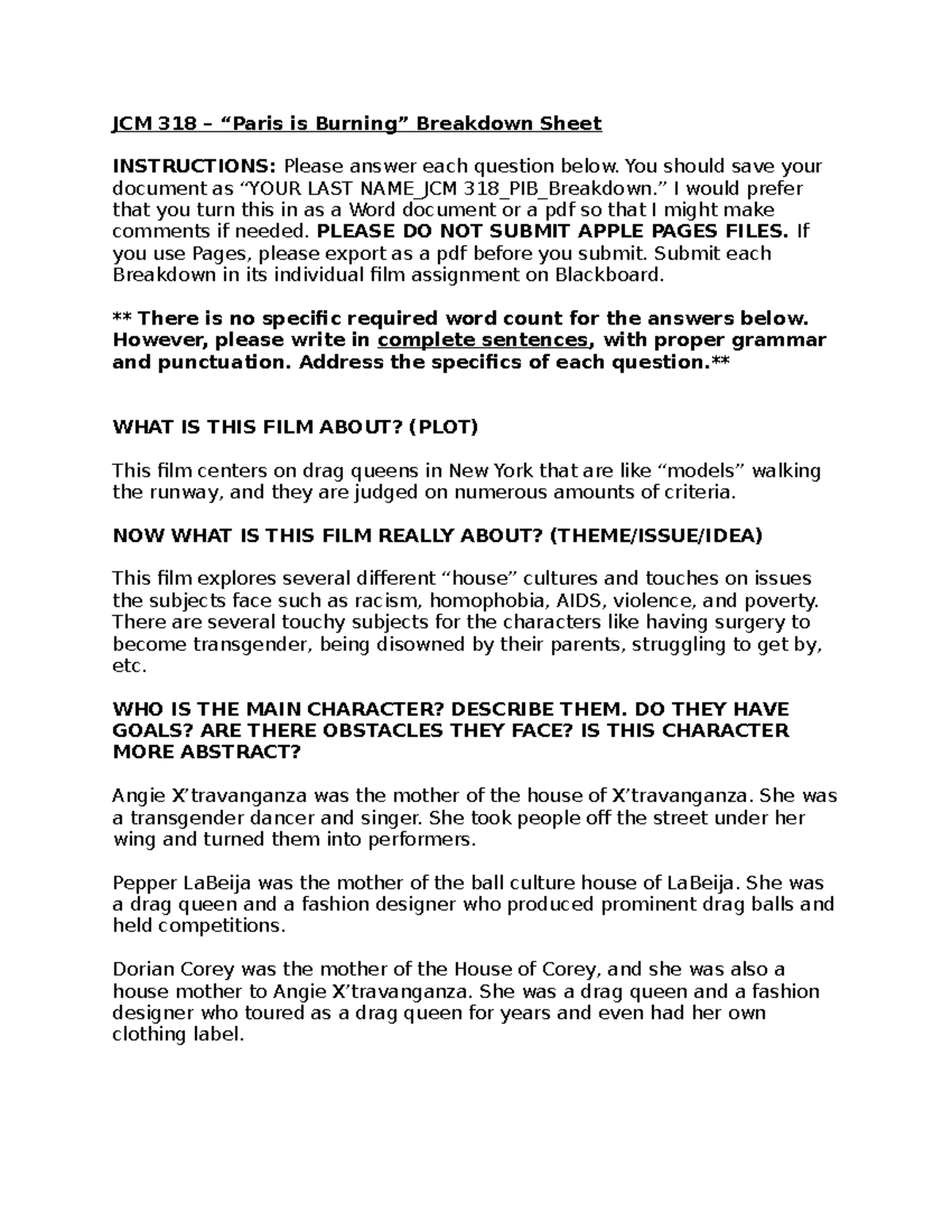 JCM318 PIB Breakdown - JCM 318 – “Paris is Burning” Breakdown Sheet INSTRUCTIONS: Please answer ...