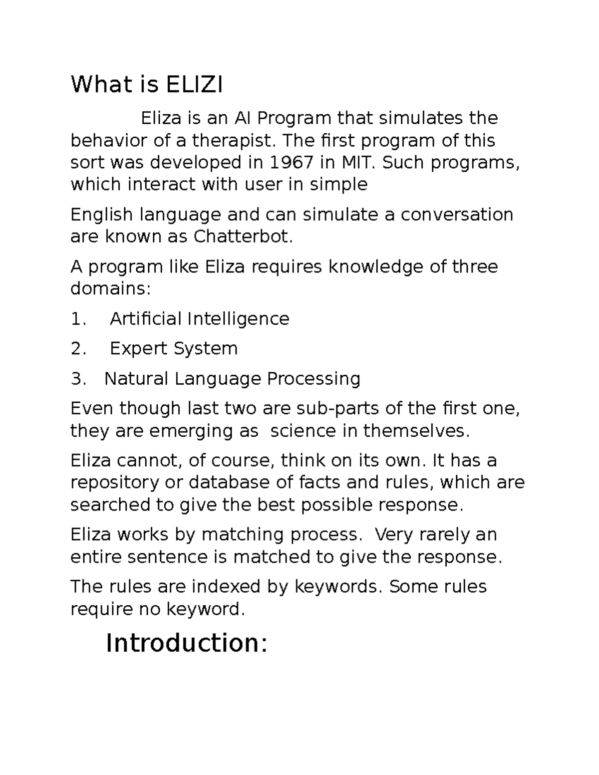 M Asif Ayub - IT assessment - What is ELIZI Eliza is an AI Program that ...