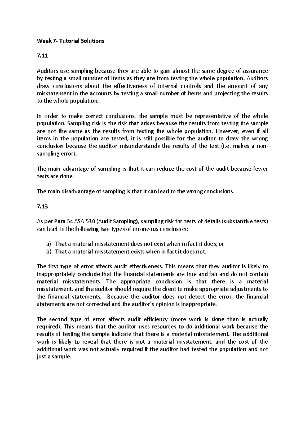 Week 7 Tutorial Solutions-2 - Week 7- Tutorial Solutions 7 Auditors use ...