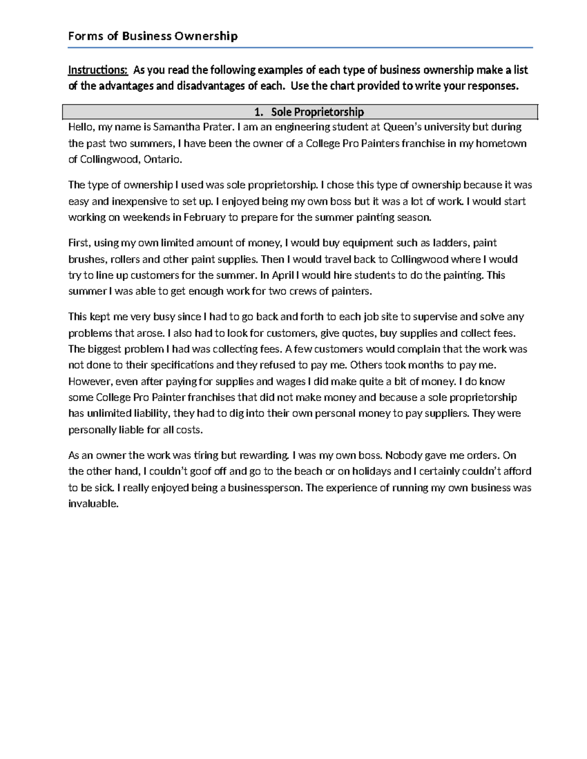 Chapter 1.3-Forms of Business Ownership - Forms of Business Ownership ...