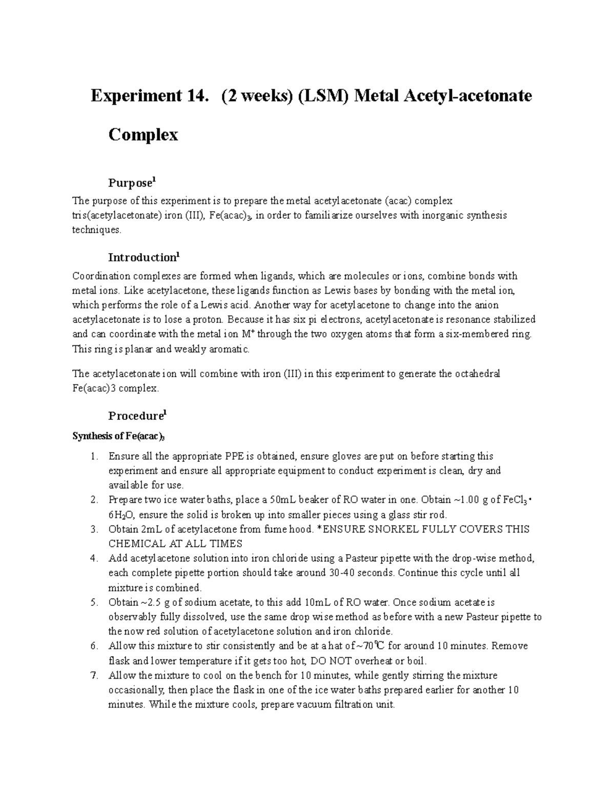 Experiment 4. Metal Acetyl-acetonate Complex - Experiment 14. (2 weeks ...