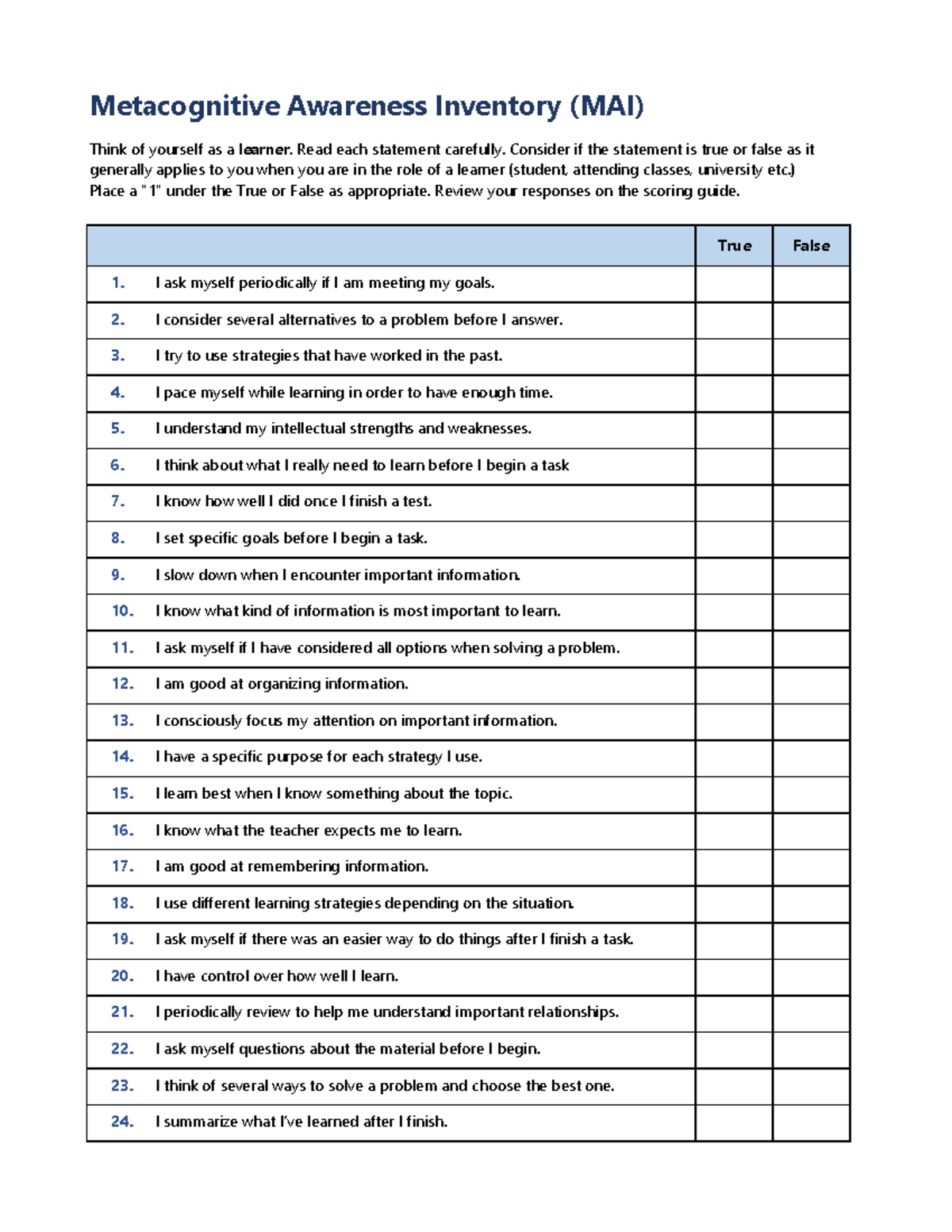 Metacognitive awareness inventory - Read each statement carefully ...