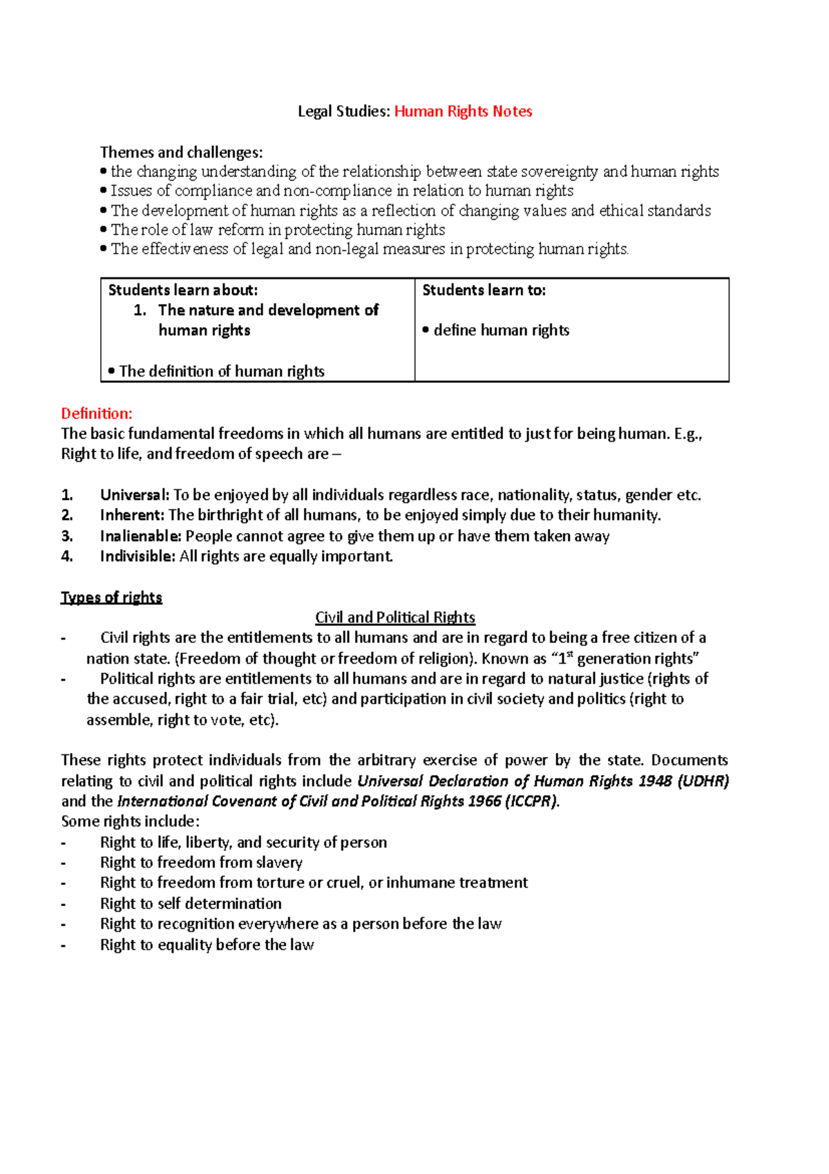 Human Rights Notes HSC Legal studies 2021 - Legal Studies: Human Rights ...