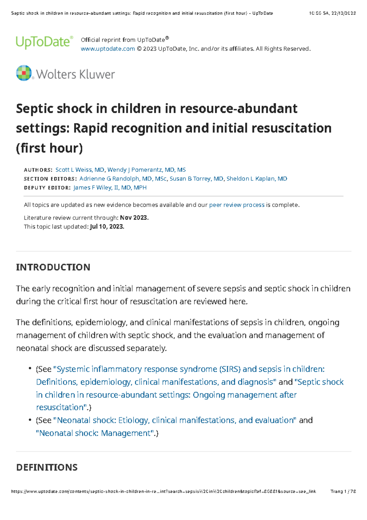 Septic shock in children in resource abundant settings Rapid ...