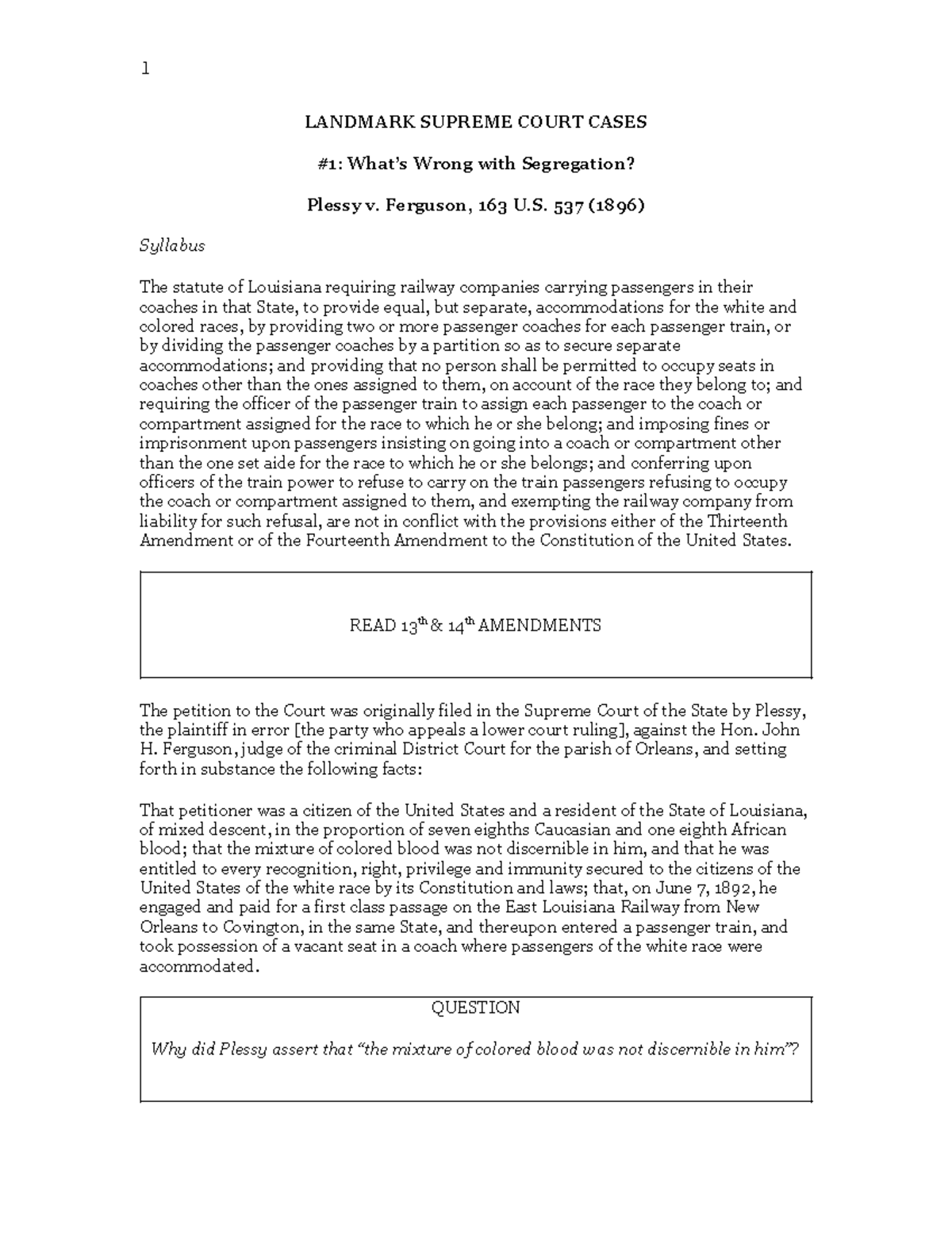 Landmark Supreme Court Cases-#1 (Plessy) - LANDMARK SUPREME COURT CASES ...