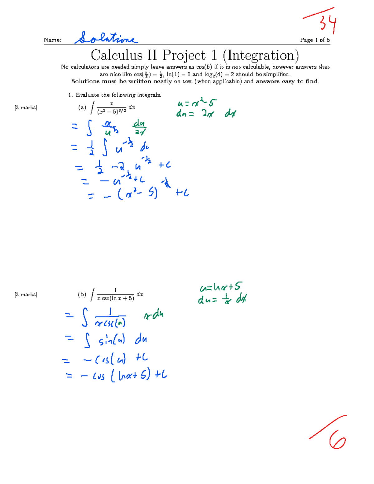 Project 1 solutions calculus 2 - Calculus II Project 1 (Integration) No ...