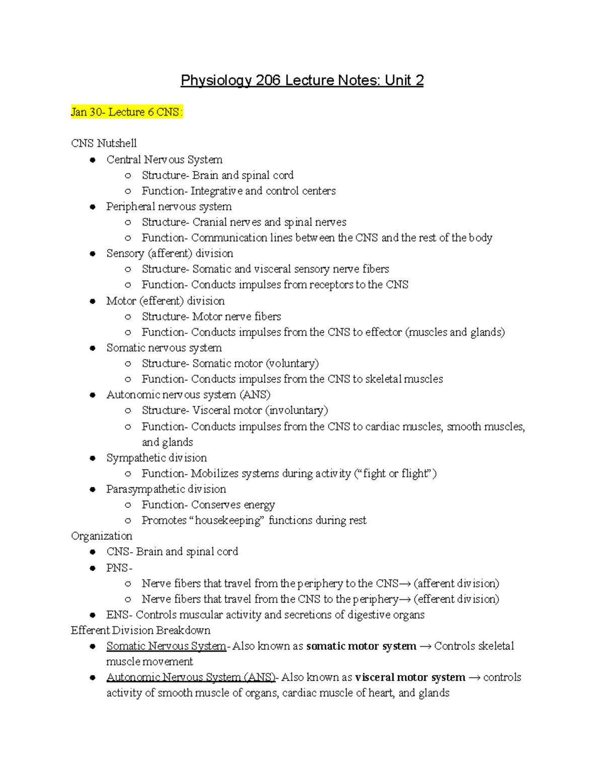 Physiology 206 Lecture Notes Unit 2 - Physiology 206 Lecture Notes ...