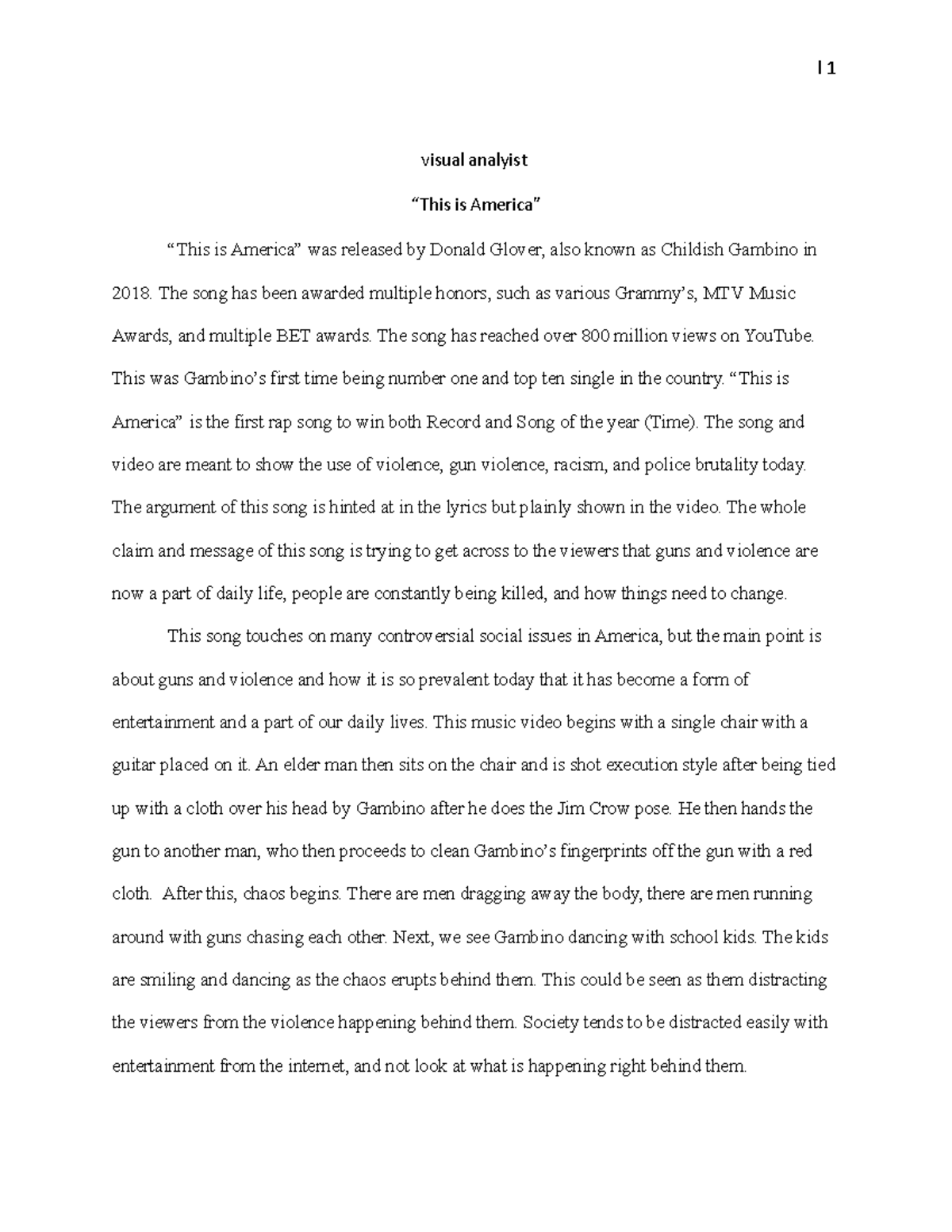 "This is America" visual analysis - l 1 visual analyist “This is ...