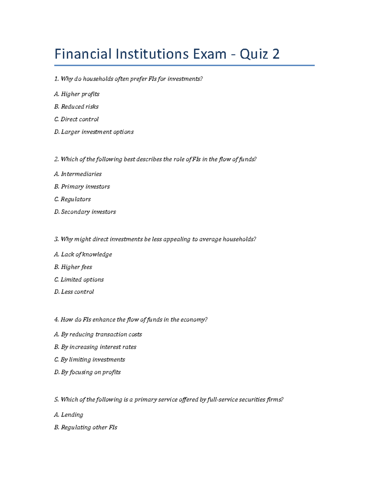 Financial Institutions Exam Quiz 2 - Financial Institutions Exam - Quiz ...