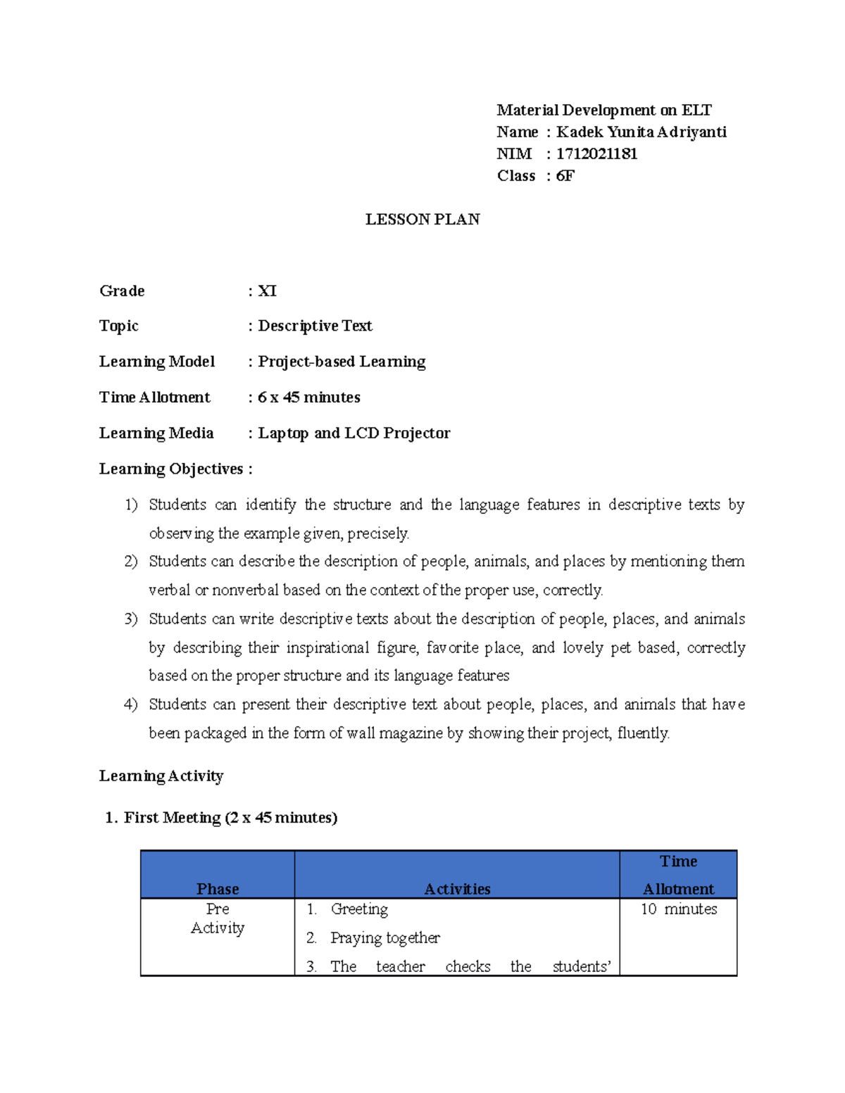 1712021181 Kadek Yunita Adriyanti Lesson PLAN Descriptive Text ...