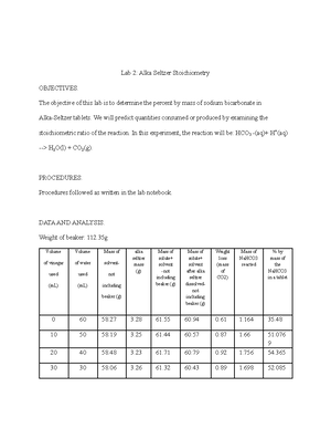 Lab 2 - Alka Seltzer Lab Report - Data Analysis Report: Experiment 2 ...