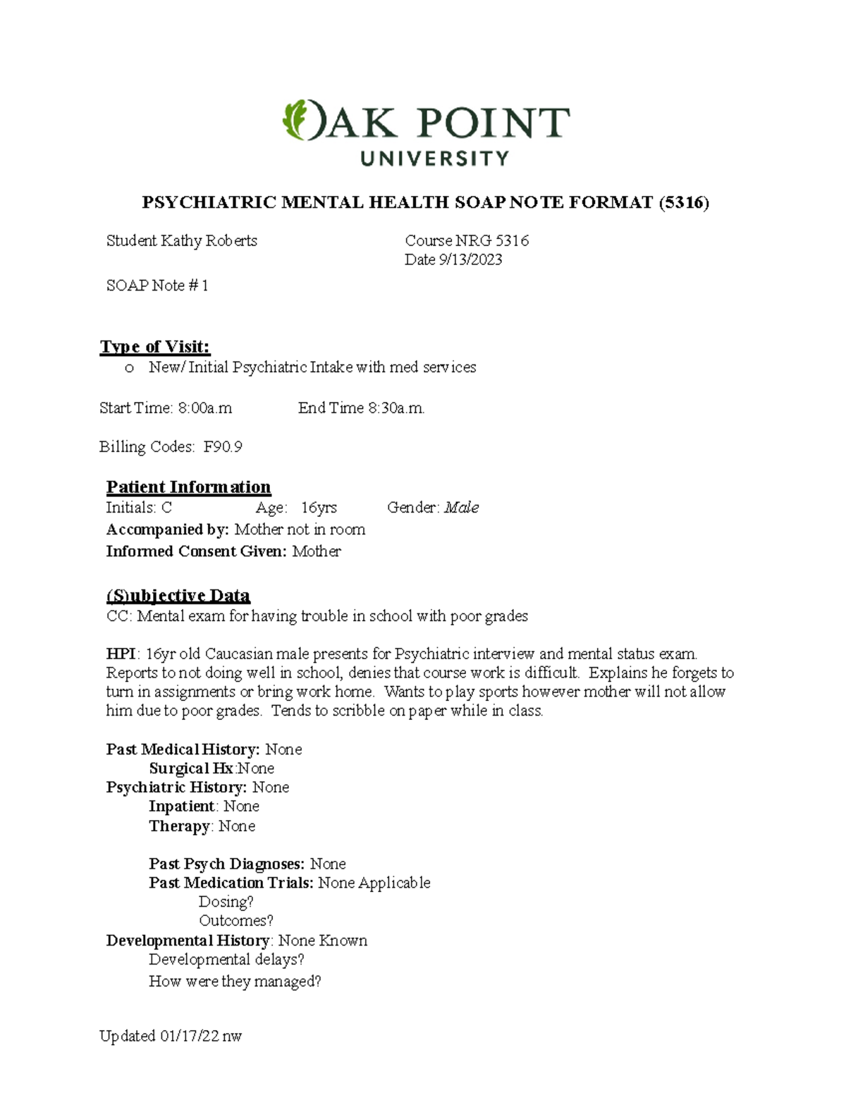 5316 Pysch soap note #1 - soap note - PSYCHIATRIC MENTAL HEALTH SOAP ...