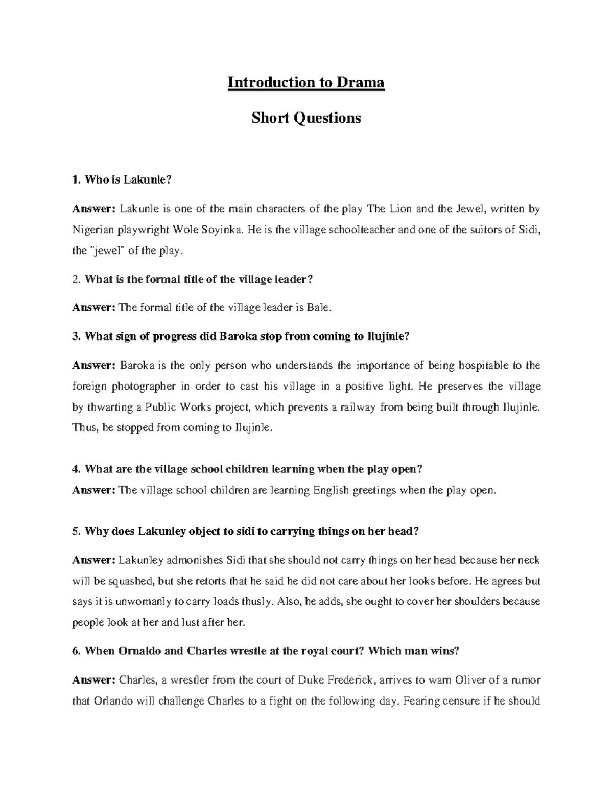 Introduction to Drama short questions - Introduction to Drama Short ...