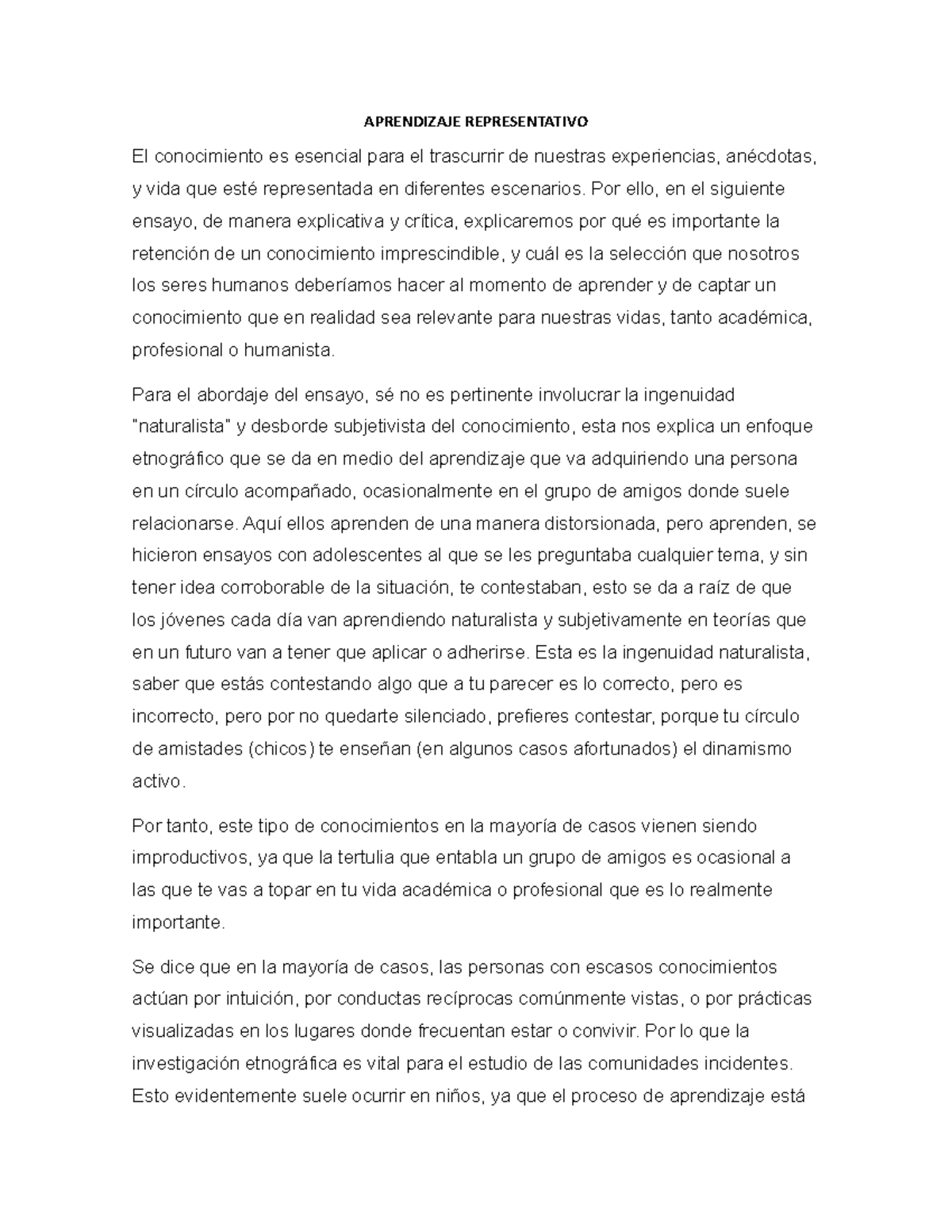 Aprendizaje Representativo - APRENDIZAJE REPRESENTATIVO El conocimiento ...