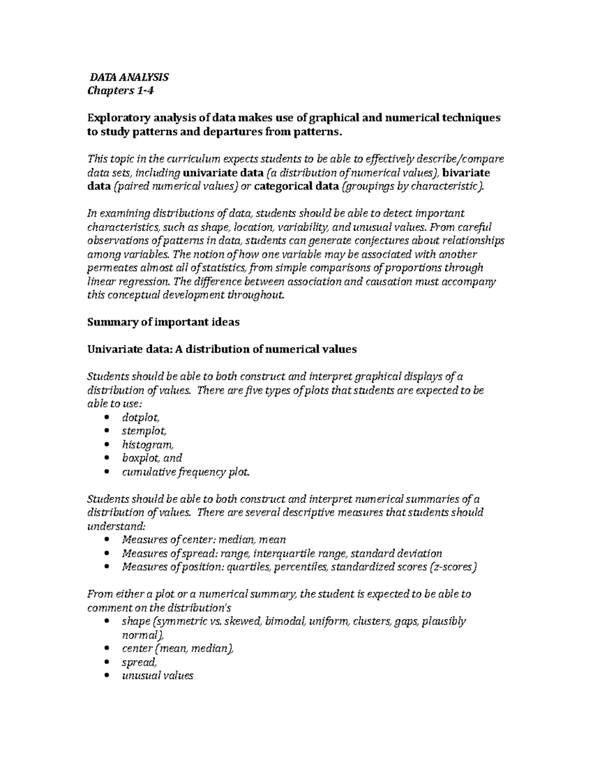 Stat108 - Summary Statistical Theory - DATA ANALYSIS Chapters Exploratory analysis of data makes ...