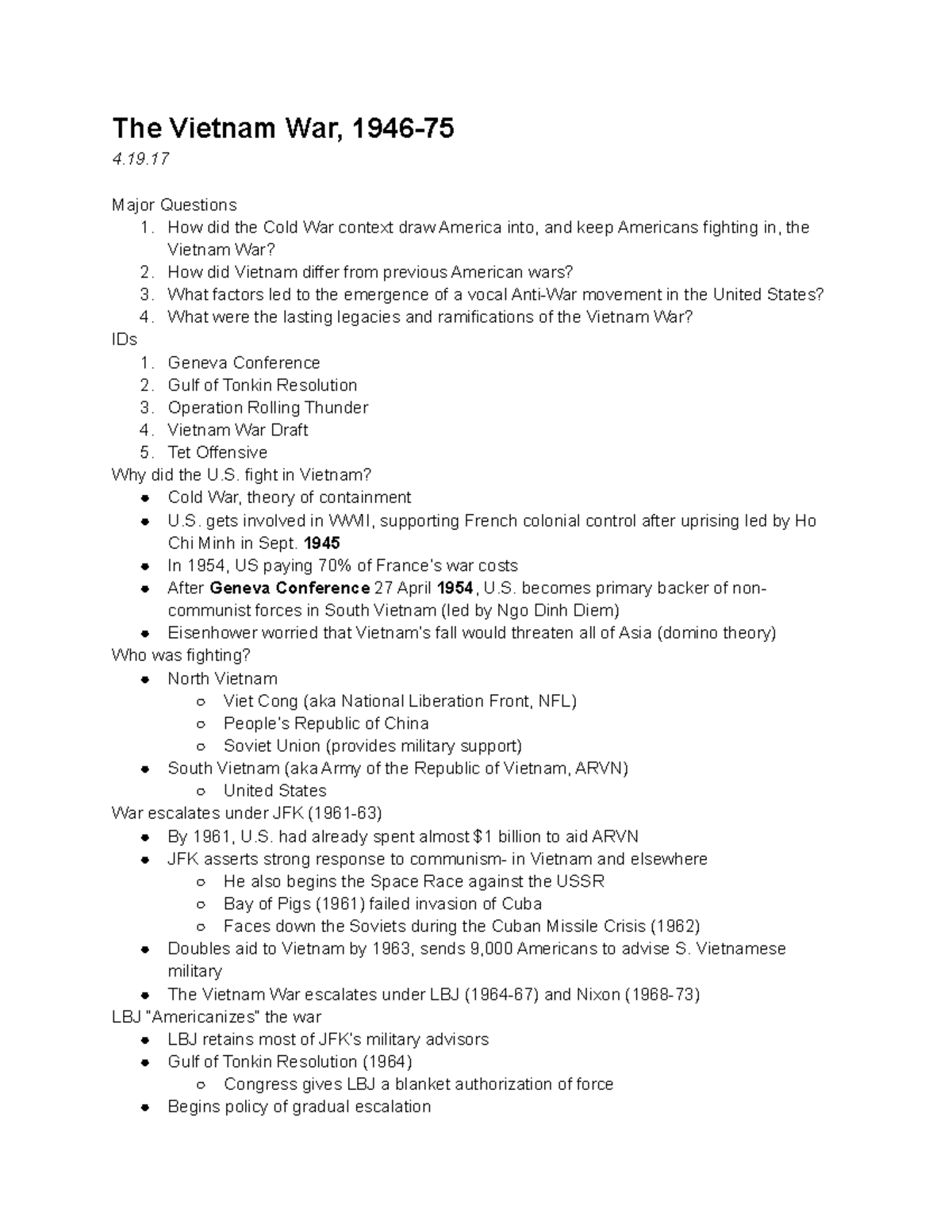 The Vietnam War, 1946-75 - Major Questions 1. How did the Cold War ...