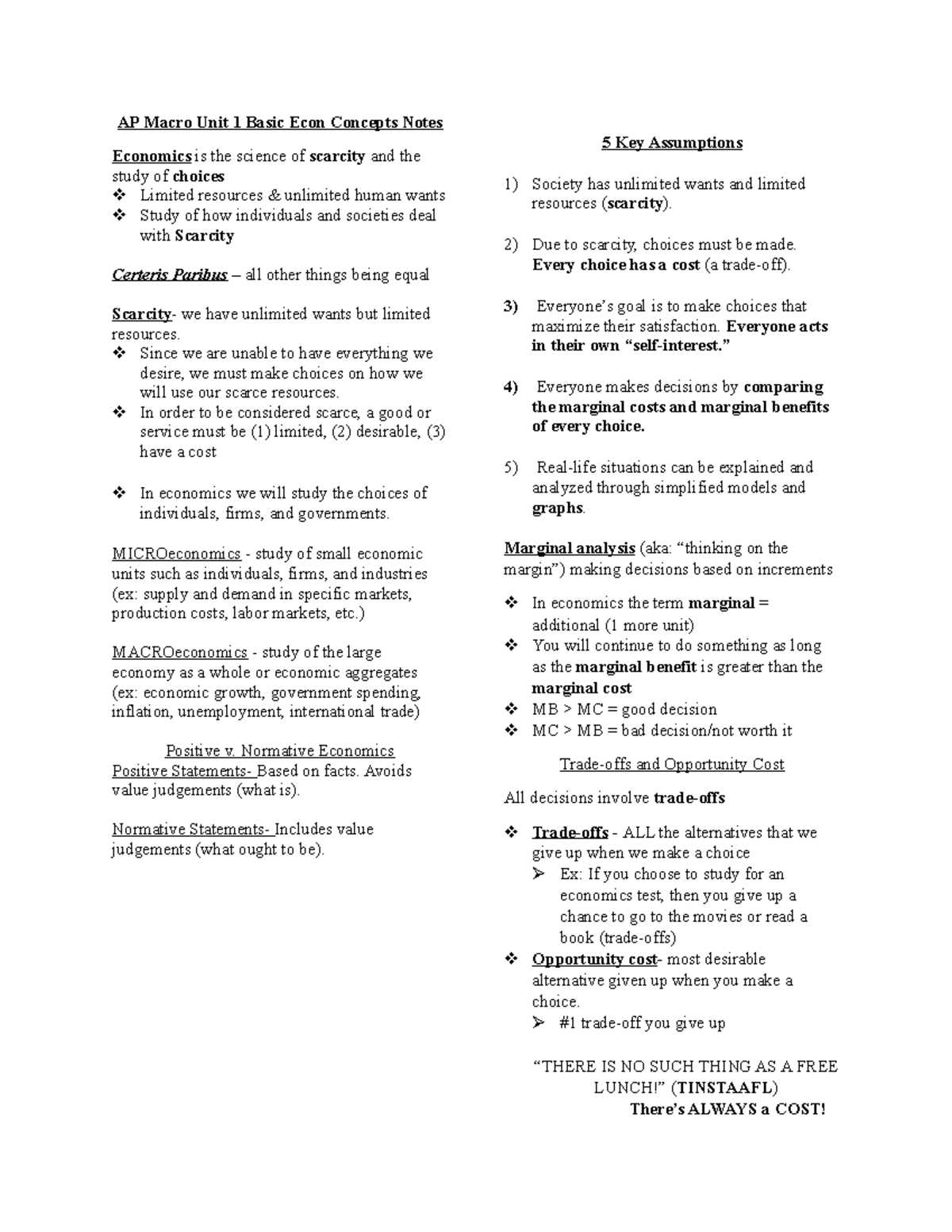 macroeconomics notes unit 1 - AP Macro Unit 1 Basic Econ Concepts Notes ...