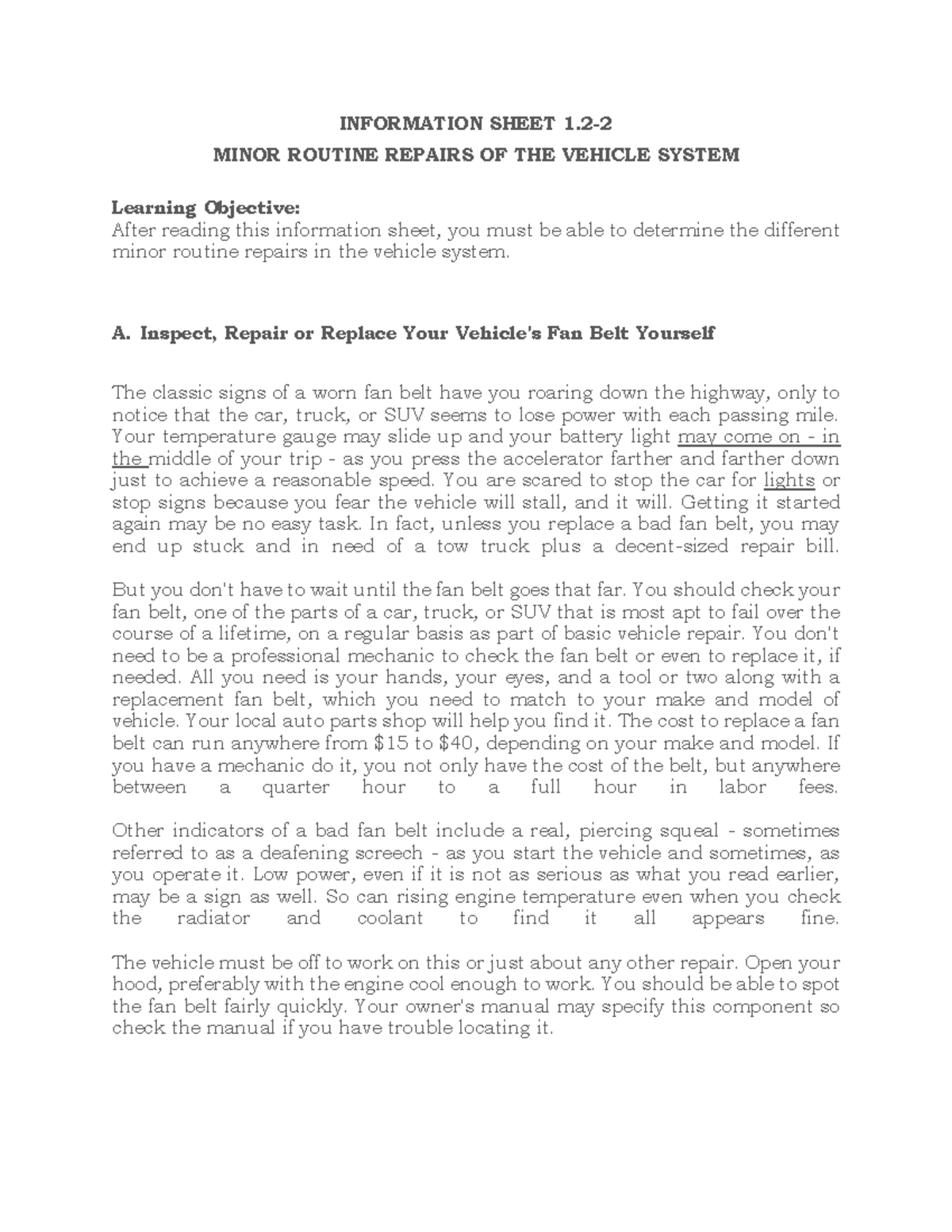 MINOR ROUTINE REPAIRS OF THE VEHICLE SYSTEM - Mechanical Engineering ...