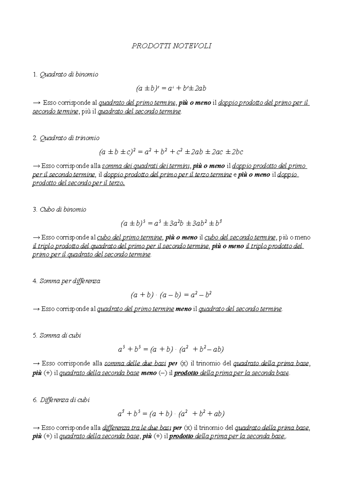 Prodotti notevoli - PRODOTTI NOTEVOLI 1. Quadrato di binomio (a ± b) 2 ...