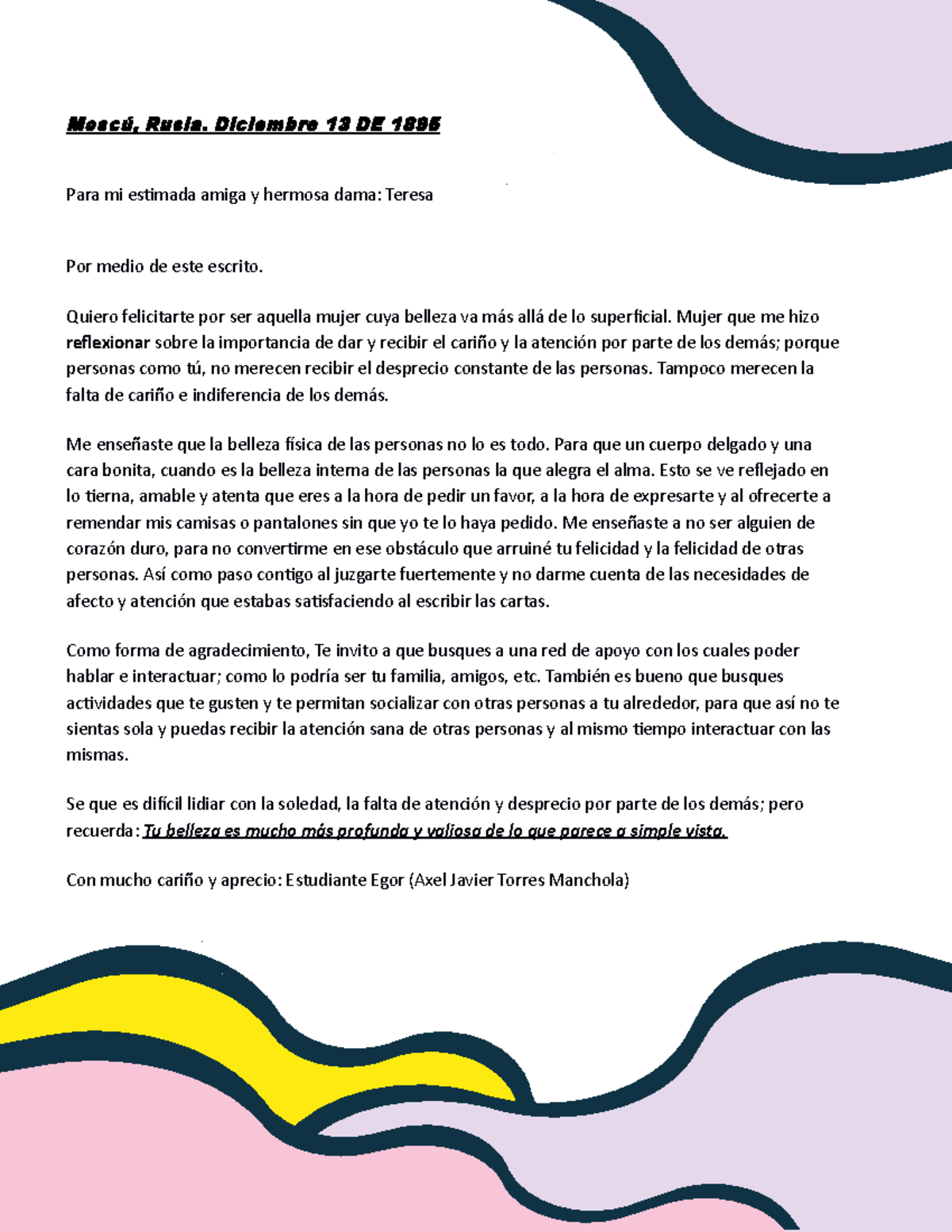 AXEL Torres - Carta PARA Teresa - Moscú, Rusia. Diciembre 13 DE 1895 ...