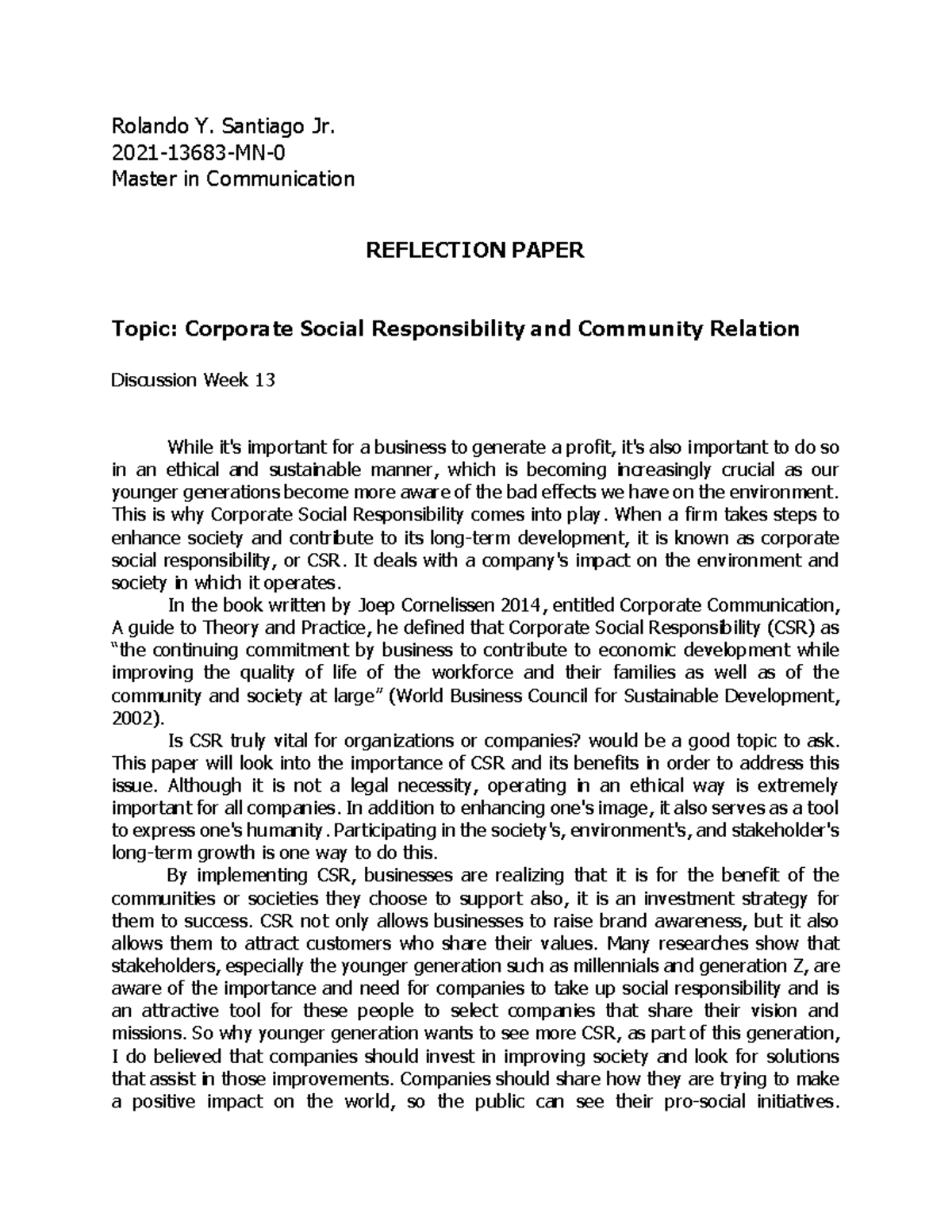 Corporate Social Responsibility and Community Relation - Rolando Y ...