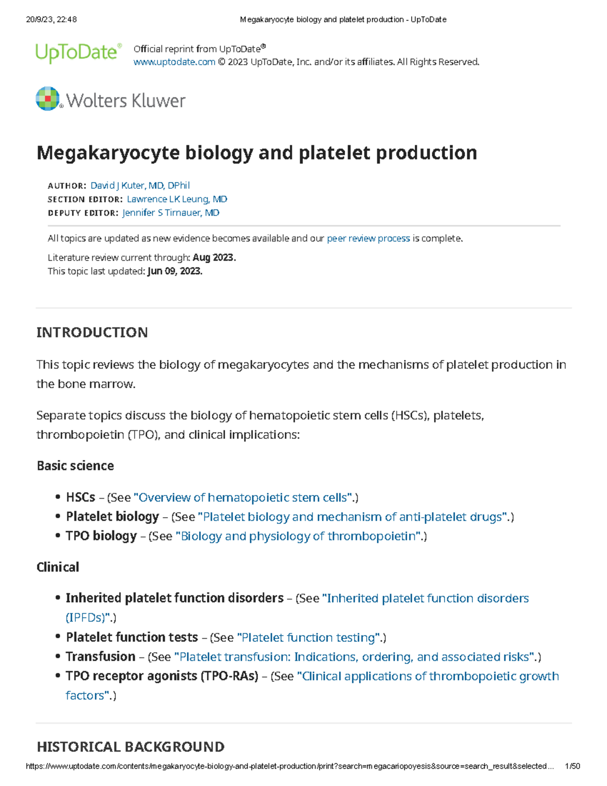 Megakaryocyte biology and platelet production - Up To Date - - Studocu