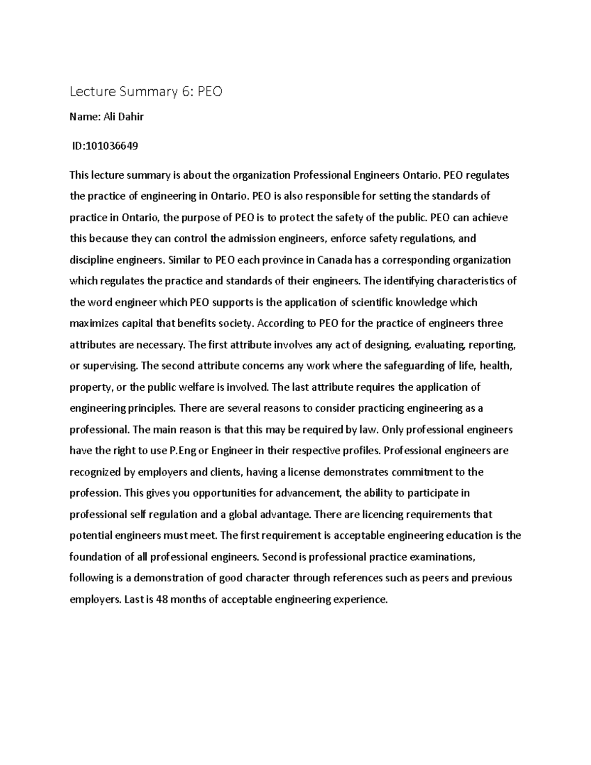 Lecture 6 PEO - summary 6 - Lecture Summary 6: PEO Name: Ali Dahir ID: This lecture summary is ...