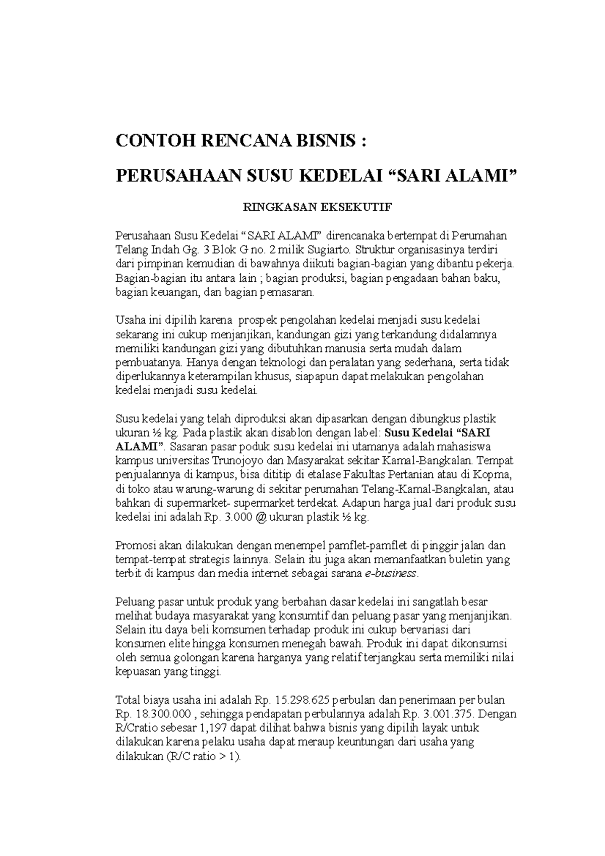 Contoh Rencana Bisnis - CONTOH RENCANA BISNIS : PERUSAHAAN SUSU KEDELAI ...