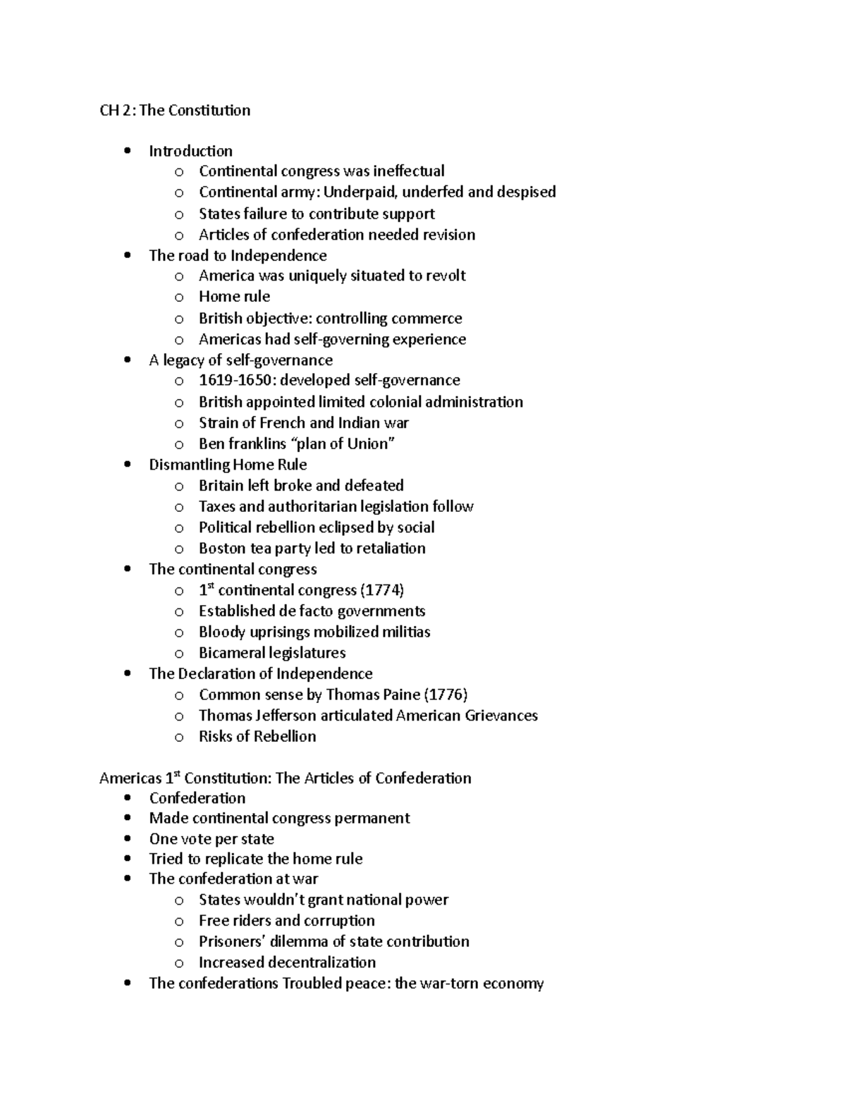 CH 2 am gov - Am Gov ch 2 notes - CH 2: The Constitution Introduction o ...