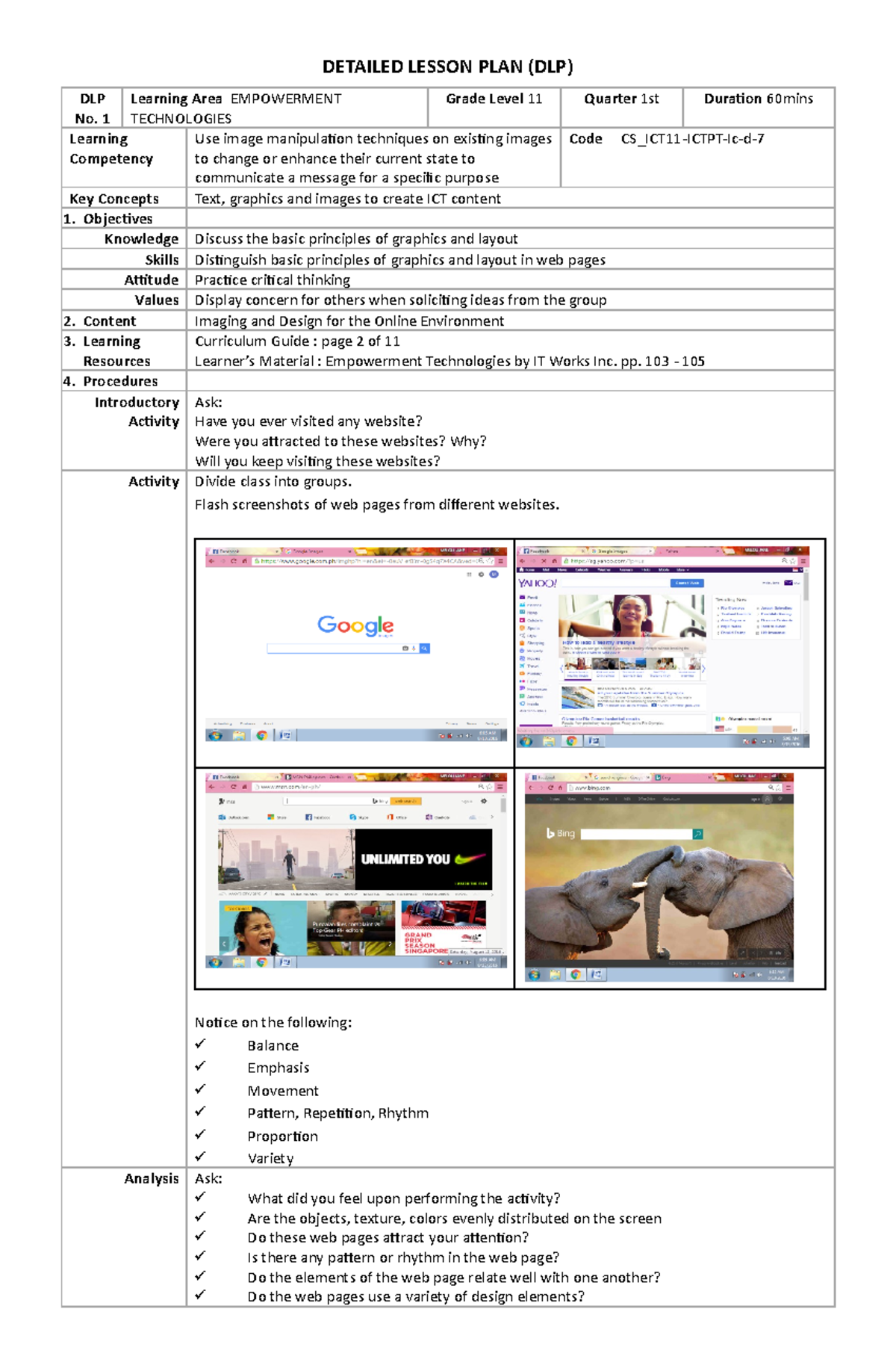 Lesson Plan for Observation - DETAILED LESSON PLAN (DLP) DLP No. 1 ...