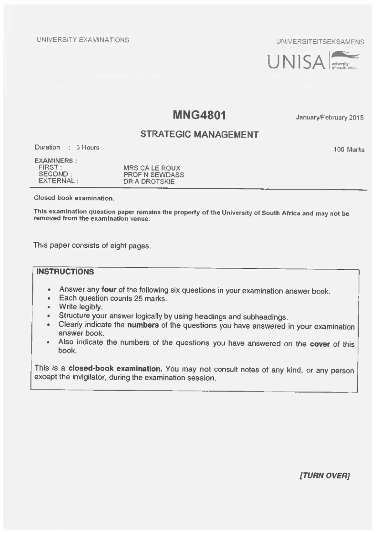 MNG4801 Exam 1 January 2015, questions - MNG4801 - Studocu