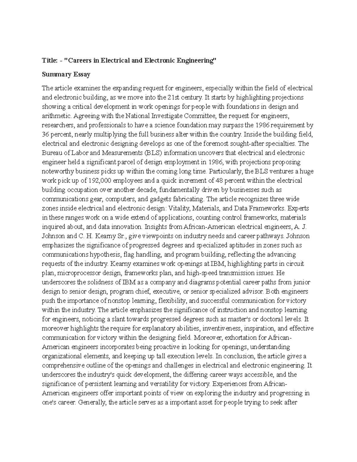 Defination vs summary - technical - Title: - "Careers in Electrical and ...