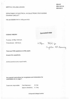 EE4-07 Coding Theory Solutions Summer '20 - ♦ t ♦♥♦ st ♦♥ H= 1 0 0 0 1 1 1 0 1 0 1 - Studocu