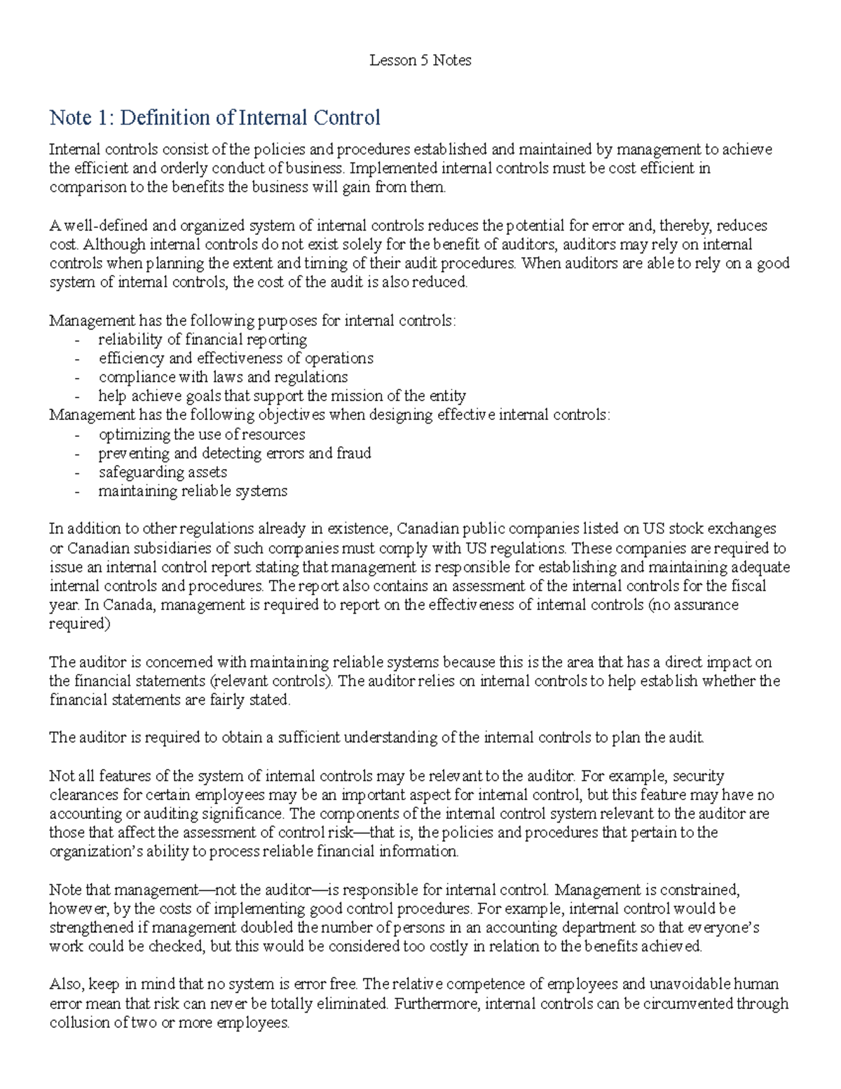 Lesson 5 Notes - Lesson 5 Notes Note 1: Definition of Internal Control ...