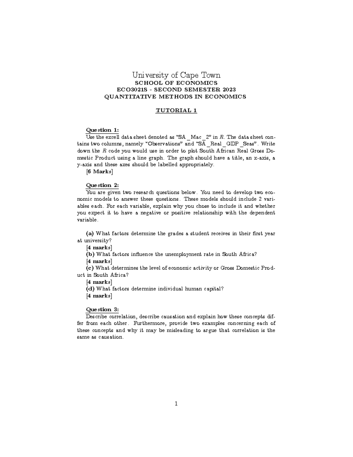 2023 Tutorial 1 ECO3021S - University of Cape Town SCHOOL OF ECONOMICS ...