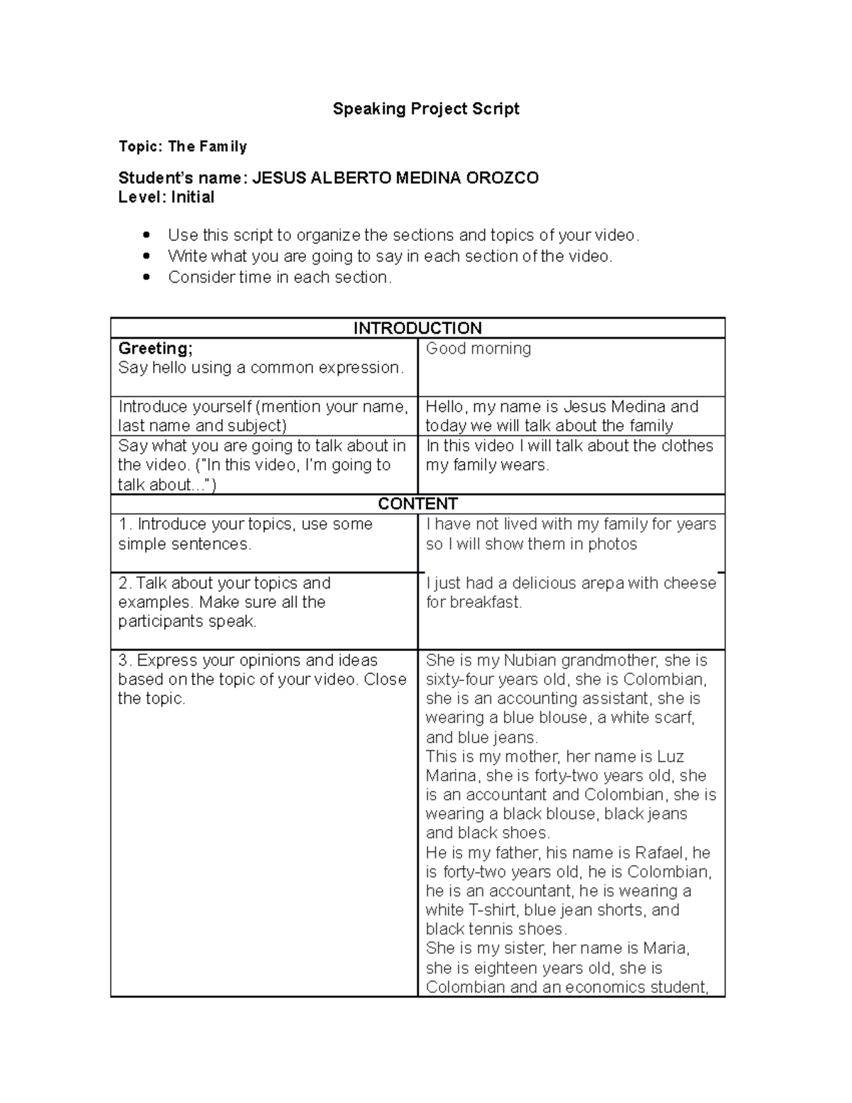 Project - Script Format-6 - Speaking Project Script Topic: The Family ...