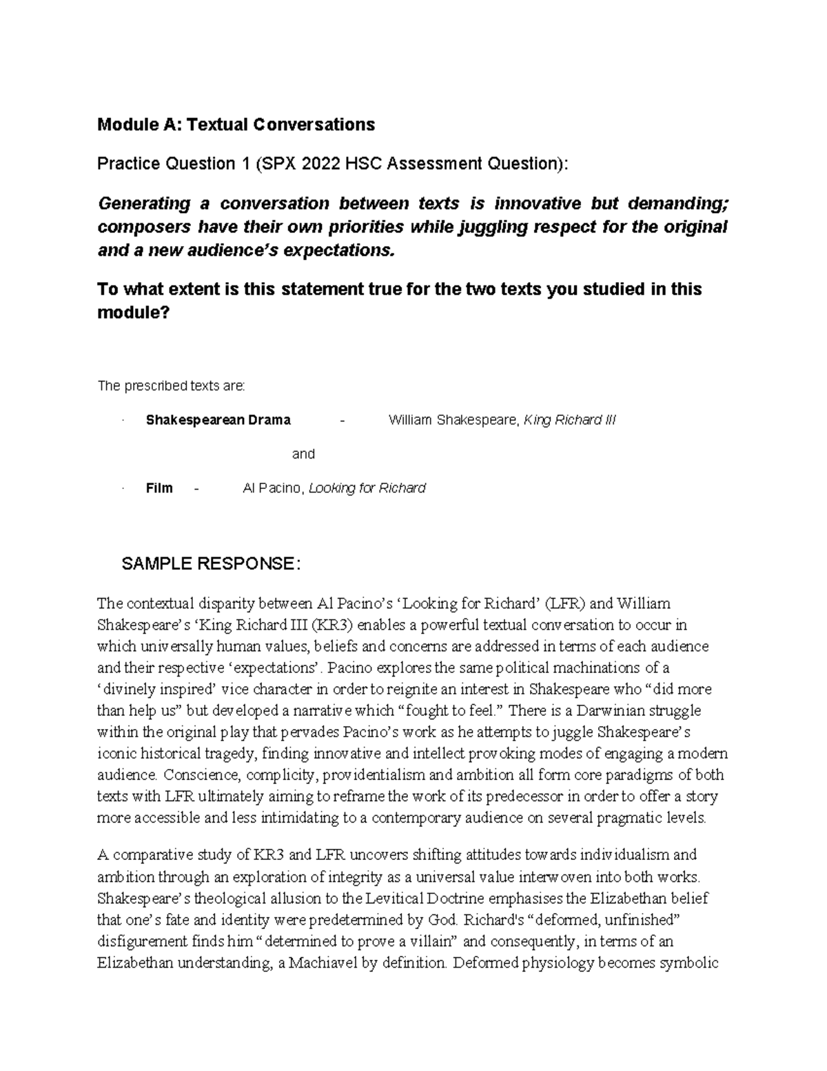 Mod A Practice Question 1 sample response - Module A: Textual ...