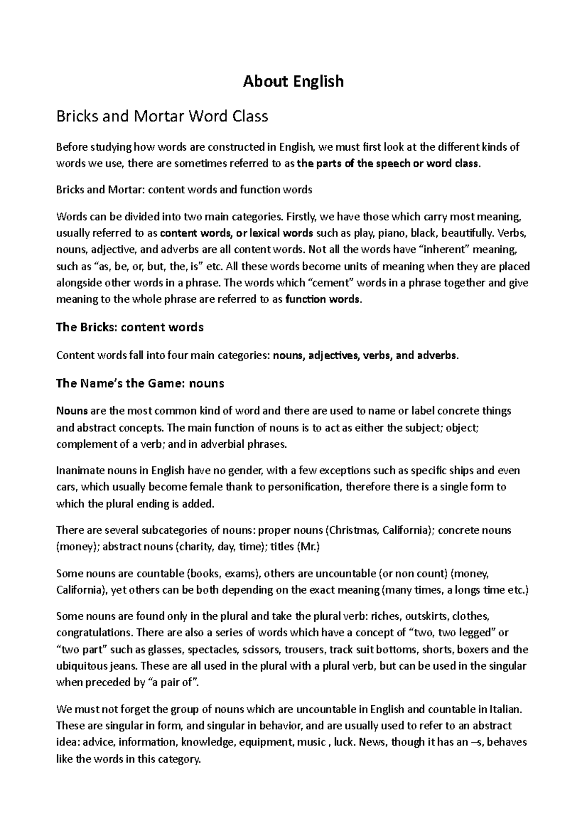 About English - About English Bricks and Mortar Word Class Before ...