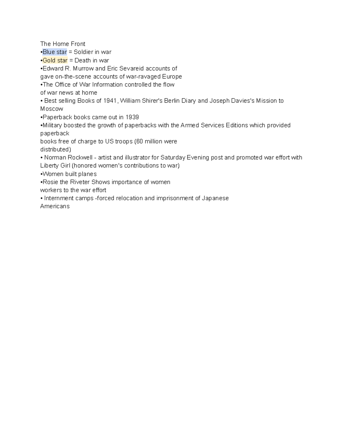 The Home Front - These notes were used to help study for a quiz and ...