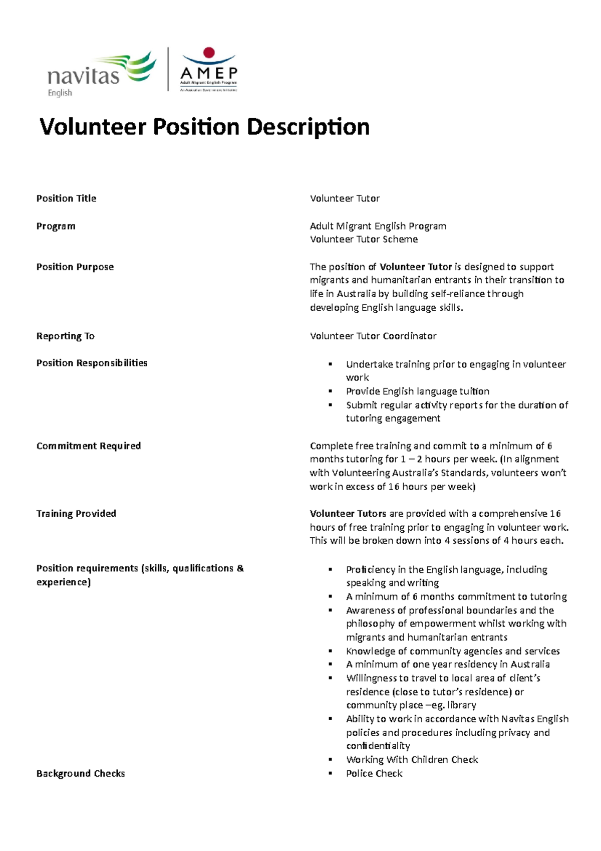 Navitas Volunteer Tutor Position Description - Volunteer Position ...
